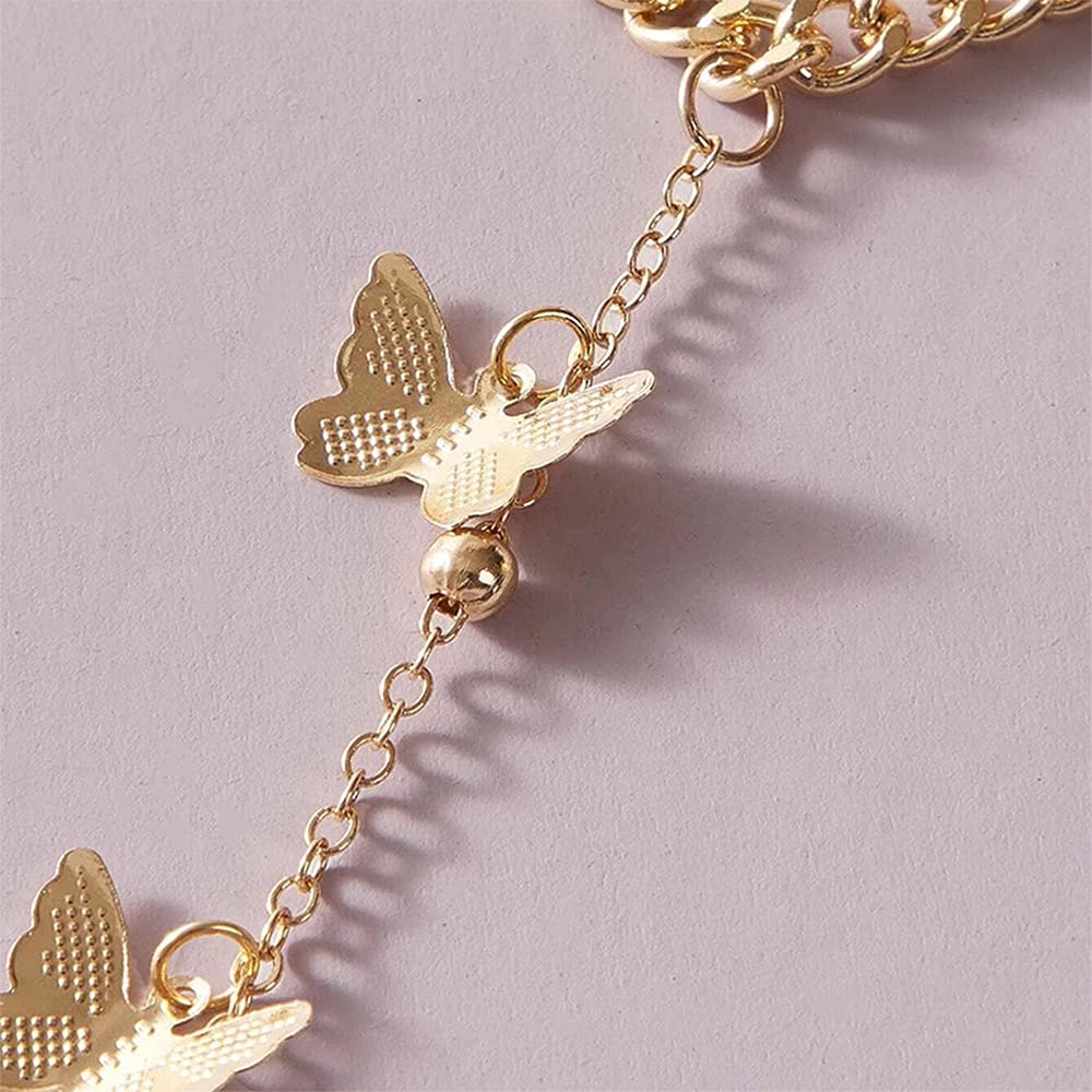 YERTTER Dainty Finger Ring Link with Butterfly Bracelet Bangle Simple Trendy Retro Style Butterfly Pendant Chain Link Bracelet Prom Birthday Party (Gold)
