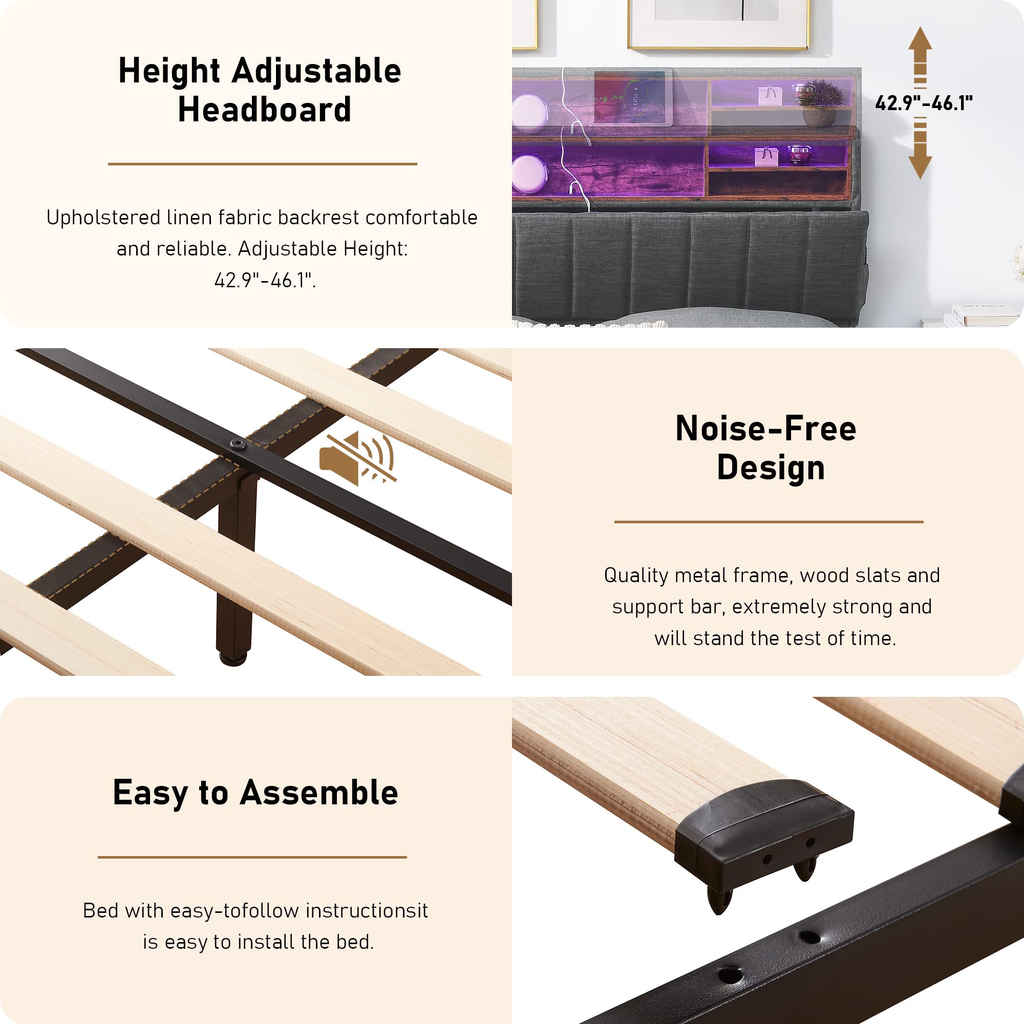 Queen Bed Frame with Tall Bookcase Headboard and Charging Station, LED Bed Frame with 2 Storage Drawers, Upholstered Mattress Foundation with Wooden Slats Support, No Box Spring Needed,Dark Grey