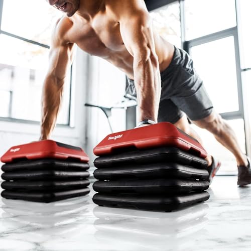 Yes4All 16"x16" Height-Adjustable High Step Aerobic Platform with 4 Risers for Home Gym Exercise Fitness Workout, Cardio and Jumping (Red Black)