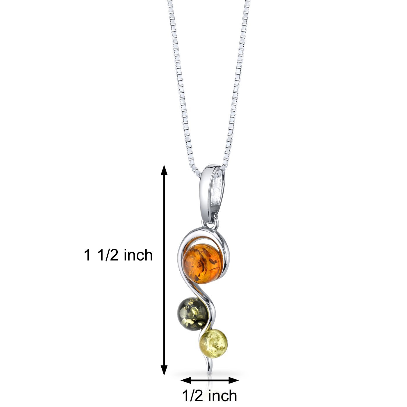 PEORA Genuine Baltic Amber Three-Stone Spiral Pendant Necklace for Women 925 Sterling Silver, Rich Cognac, Olive and Honey Colors, with 18 inch Chain