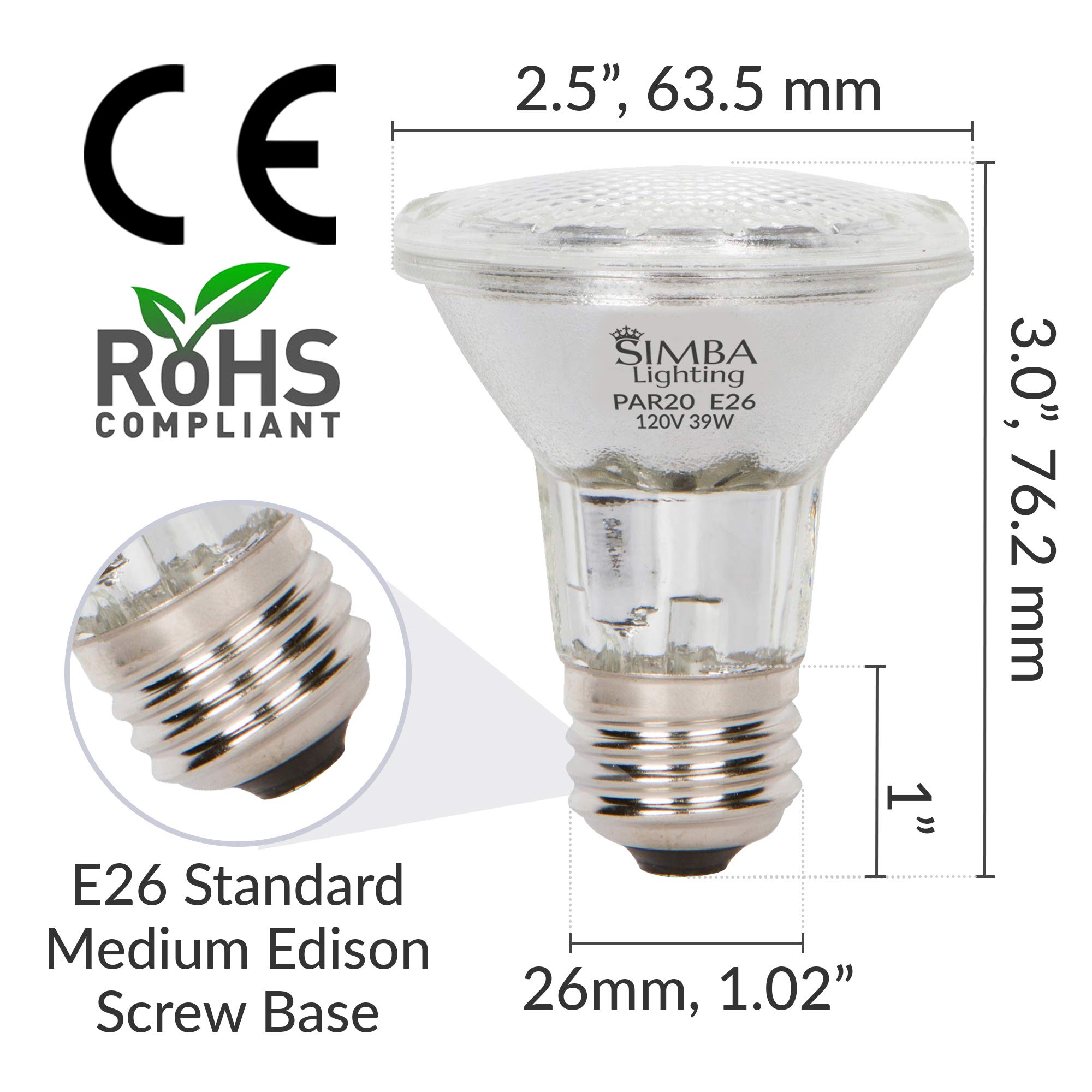 Simba Lighting 39PAR20/FL Halogen PAR20 Light Bulb 39W 30deg Spotlight Dimmable (4-Pack) for Indoor Recessed Can, Range Hood and Outdoor PAR 20, 120V E26 Base, 50W Replacement, 2700K Warm White