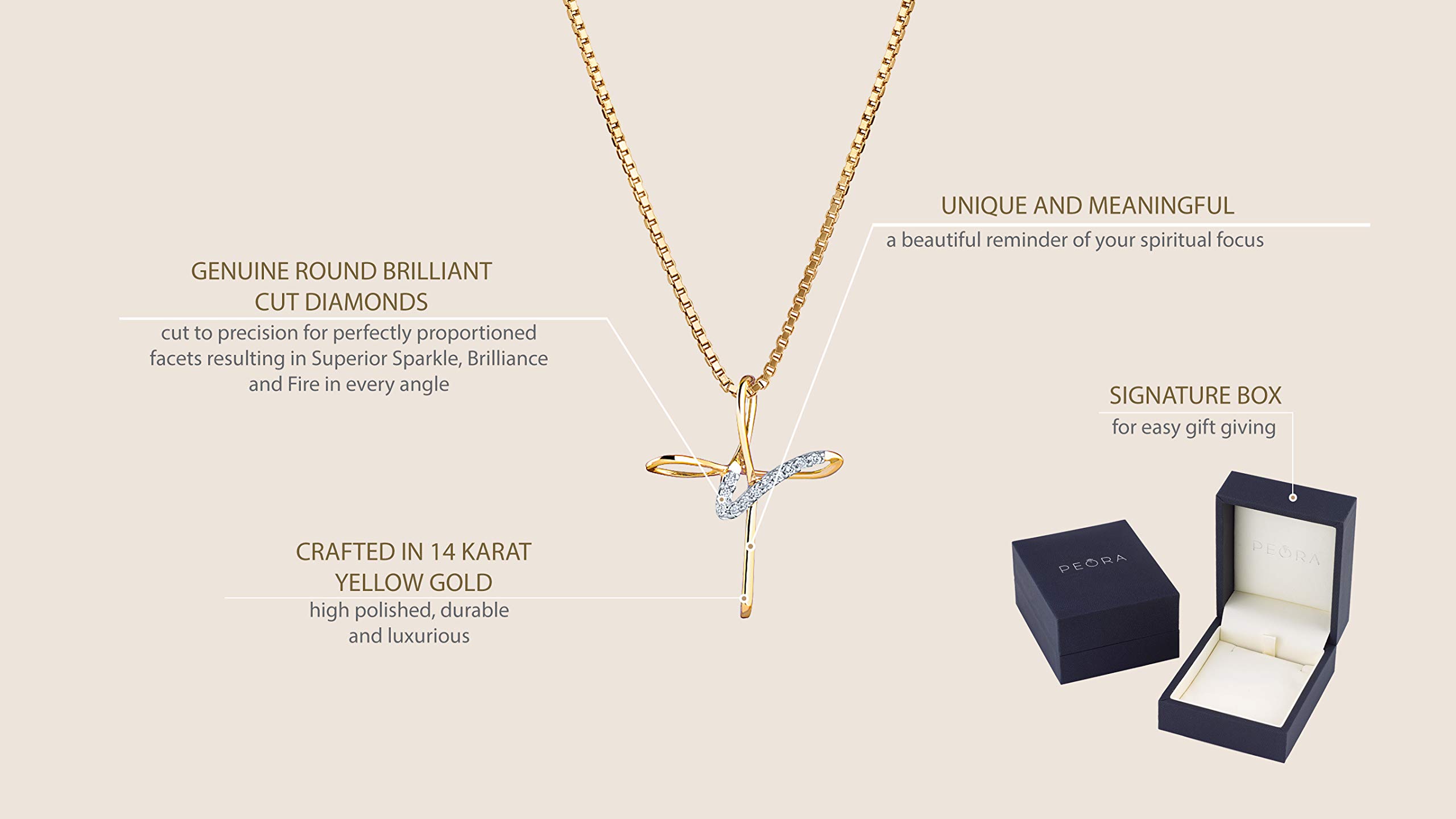 PEORA Genuine Diamond Cross Pendant for Women in 14K Yellow Gold, Elegant Jewelry Design with 18 inch Chain