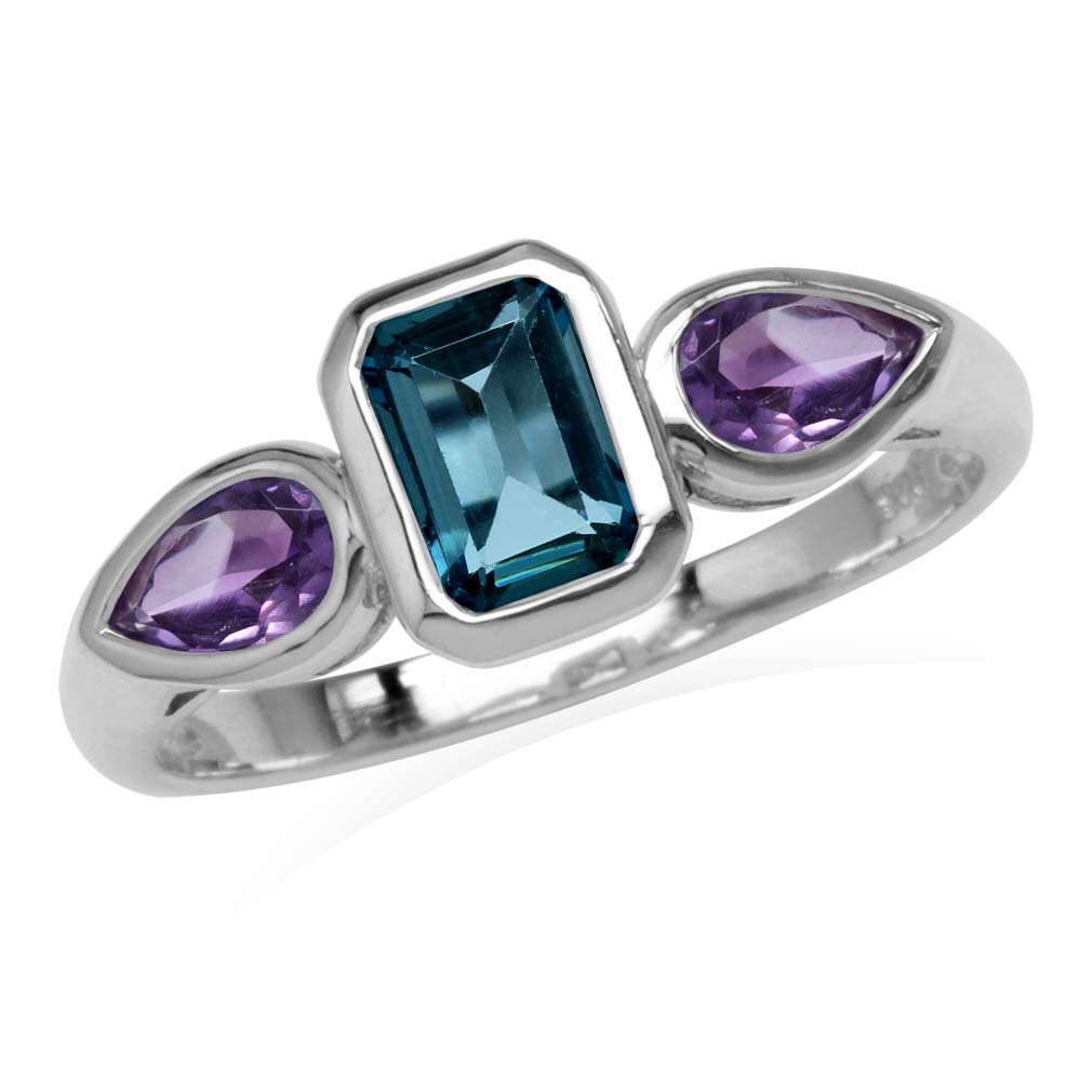 Silvershake 1.23ct. Genuine Octagon London Blue Topaz and Amethyst White Gold Plated 925 Sterling Silver Ring Size 9