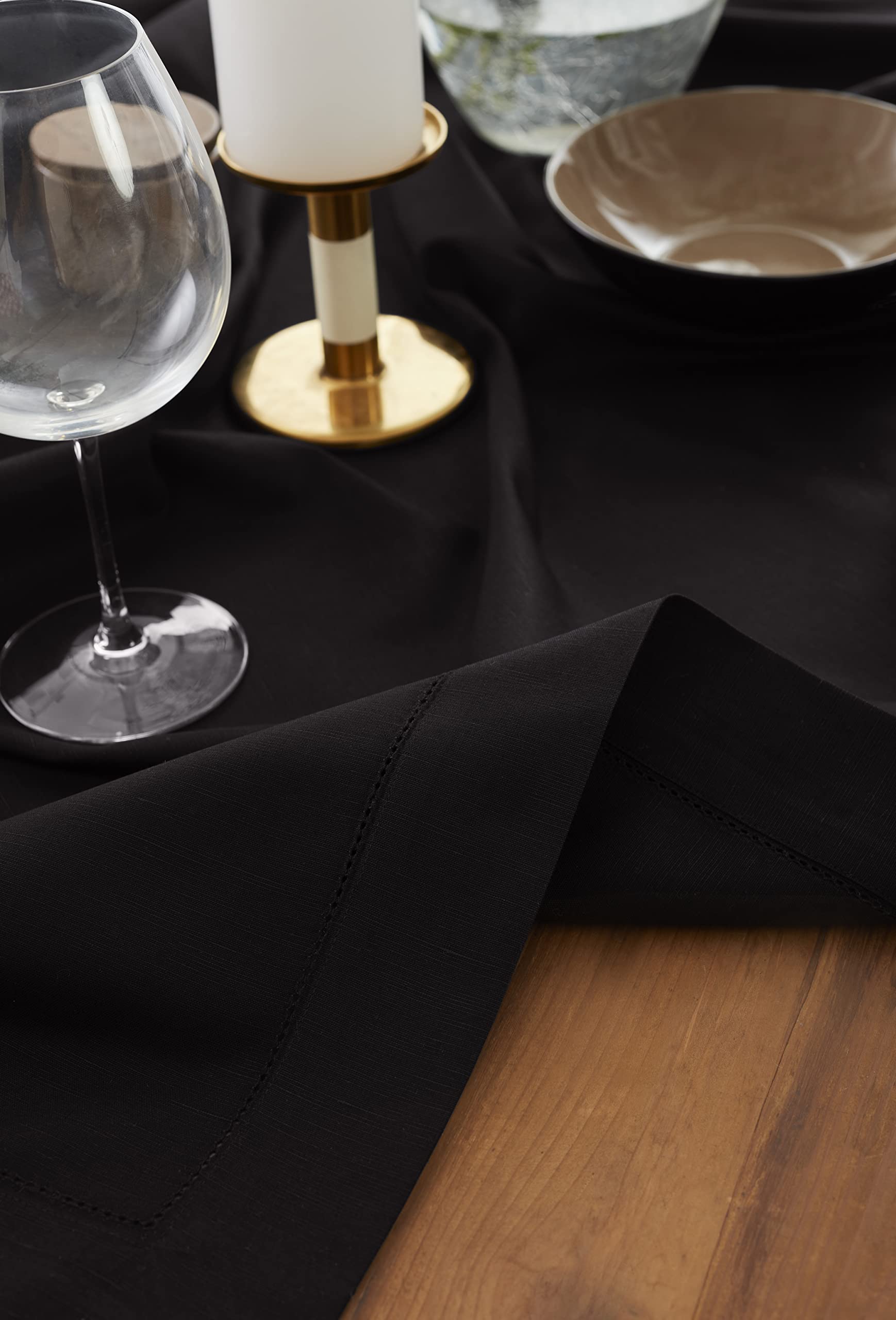 Solino Home Black Tablecloth β Cotton Linen Hemstitch Tablecloth 52 x 52 Inch β Machine Washable Square Table Throw for Summer
