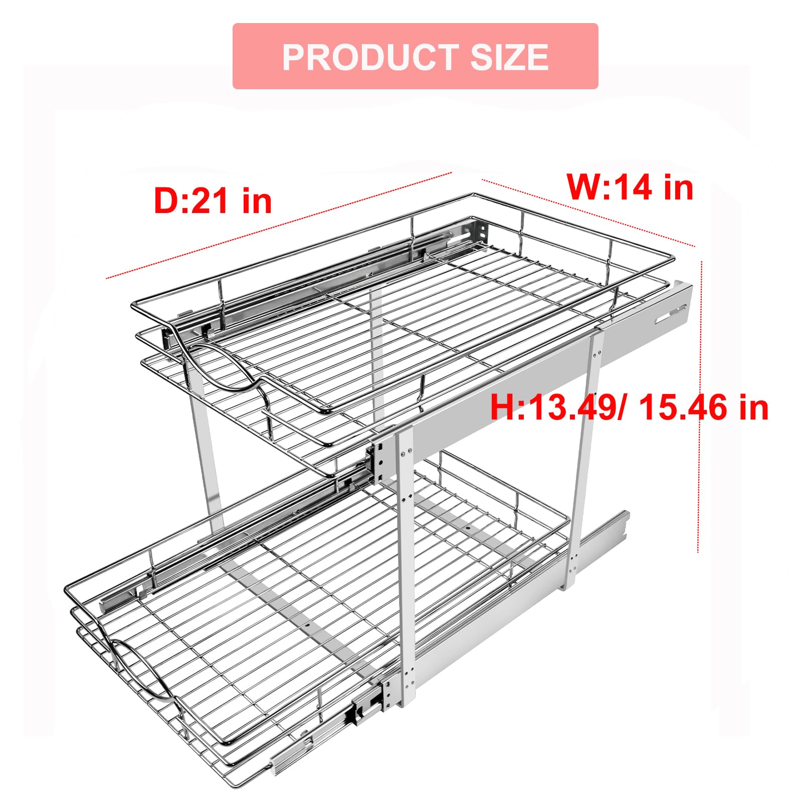 Sikarou Pull Out Cabinet Organizer 14" W x 21" D 2-Tier Individual Slide Out Drawer Pantry Shelf Storage for Kitchen Base Cabinet Organization for Kitchen, Bathroom, Pantry, Chrome