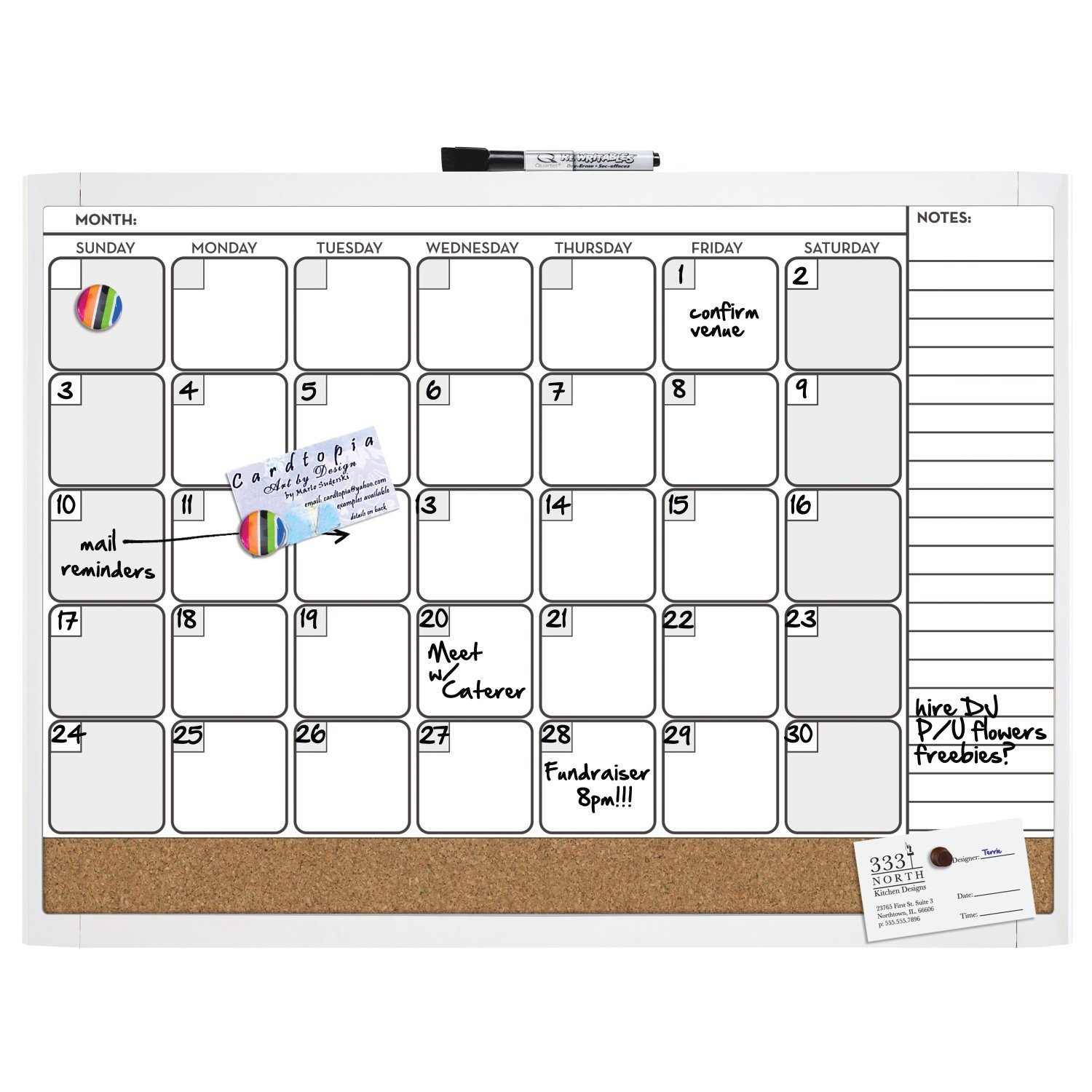 Quartet Dry Erase Board / Cork Board, Calendar Board, Magnetic, 17"x 23", 1-Month Design with List, White Frame (79380-WT)