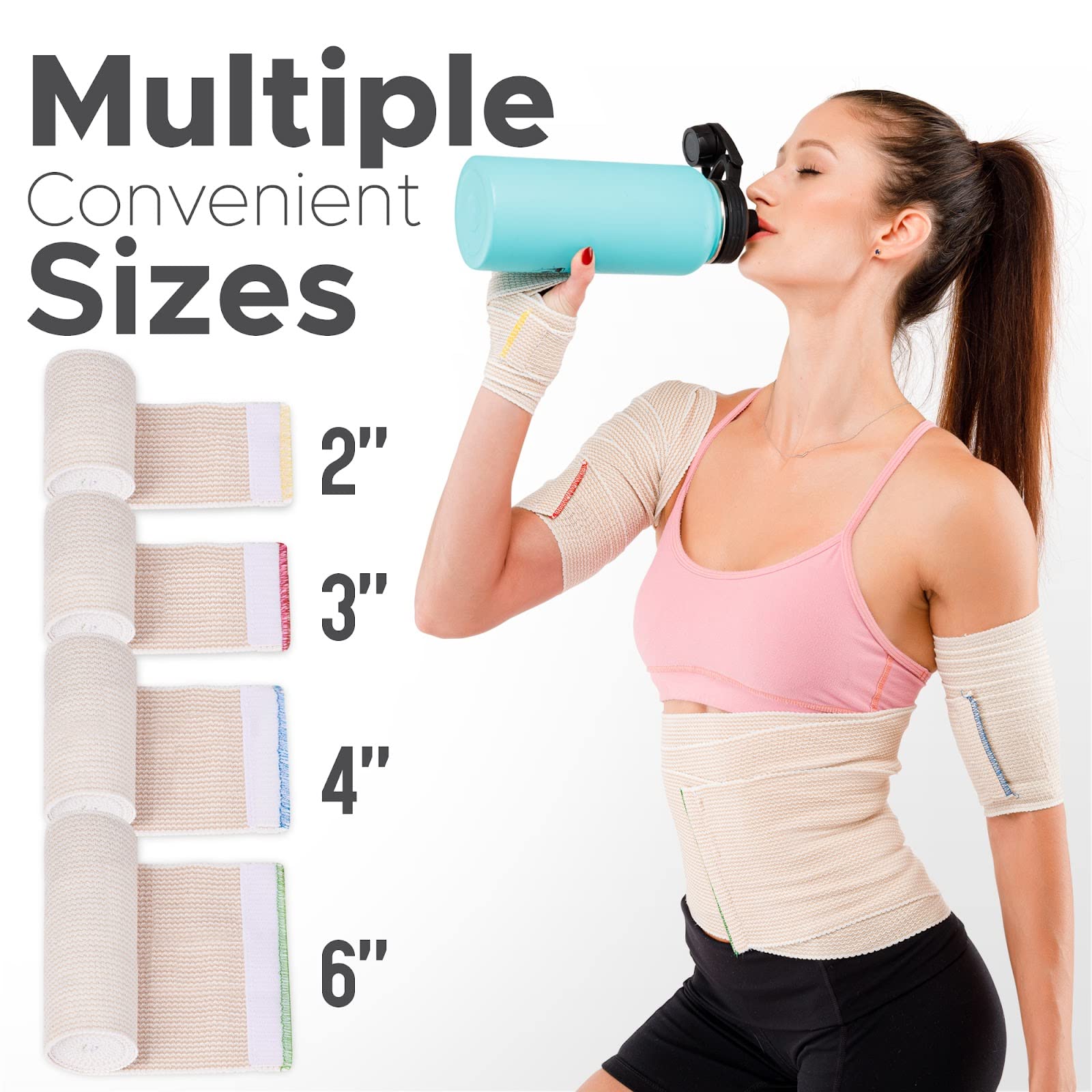 Premium Elastic Bandage Wrap (4" Wide, 2 Pack) - Hook & Loop Fasteners at Both Ends - GT Latex Free Hypoallergenic Compression Roll for Sprains & Injuries