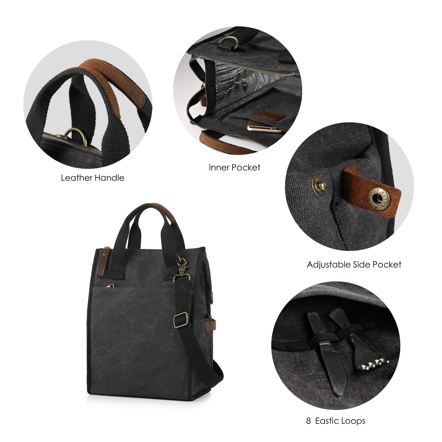 SMRITI Insulated Canvas Lunch Bag for Women/Men-9.6 L Reusable Leakproof Lunch Tote Bag for Work Picnic Beach - Fashion Lunchbox for Adults with Shoulder Strap(Dark Grey)