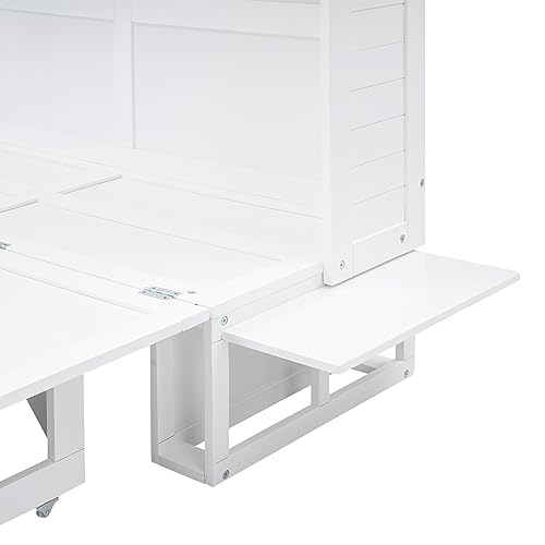 Queen Size Mobile Murphy Bed with a Big Drawer and Both Side Storage Shelves, Modern Foldable Murphy Bed W/ Bookcase for Multipurpose Guest Room or Home Office, No Box Spring Required Easy Assembly