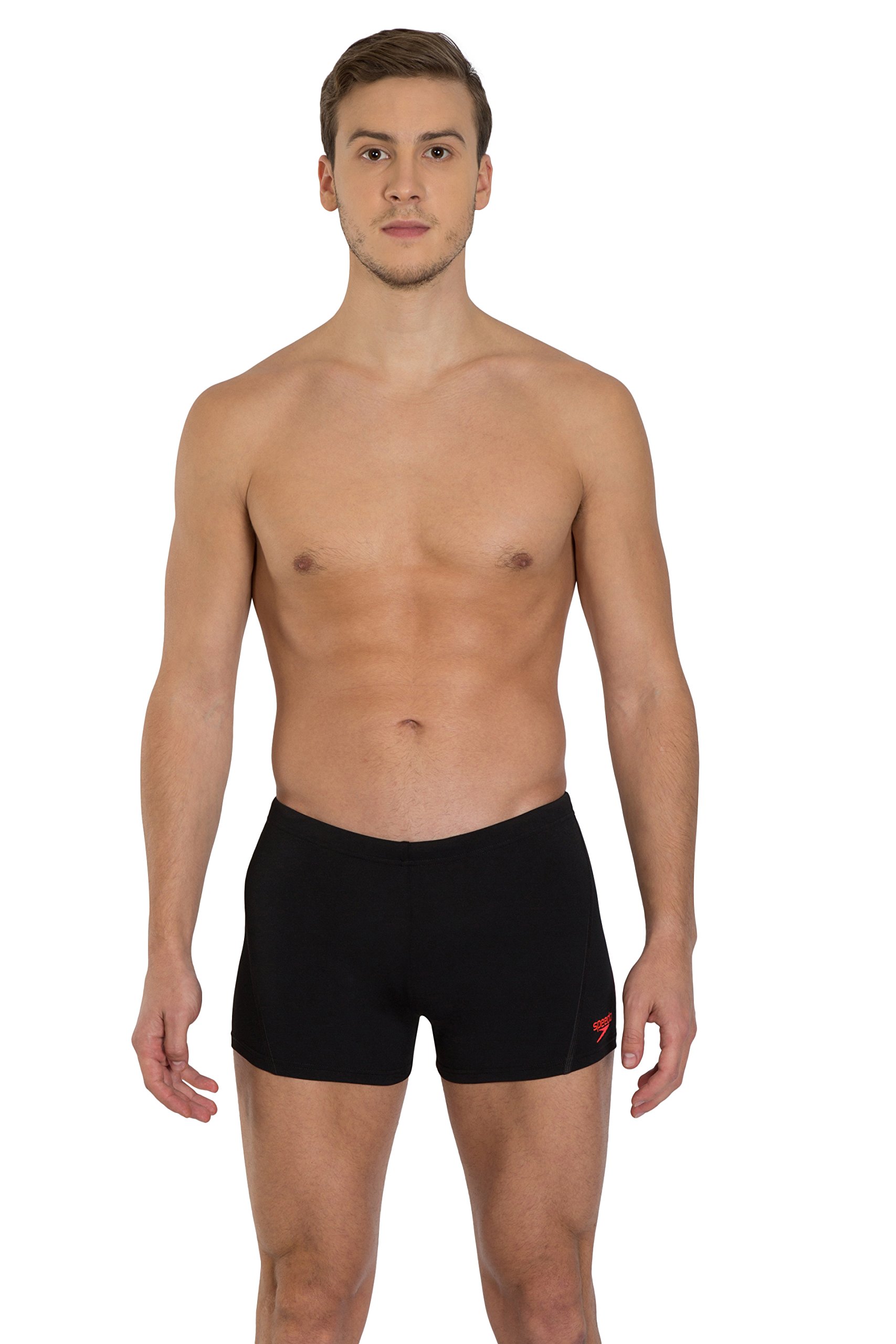 Speedo Men's Endurance+ Polyester Solid Square Leg Swimsuit for Men (Black/Lava Red, 34) by Yogi Sports
