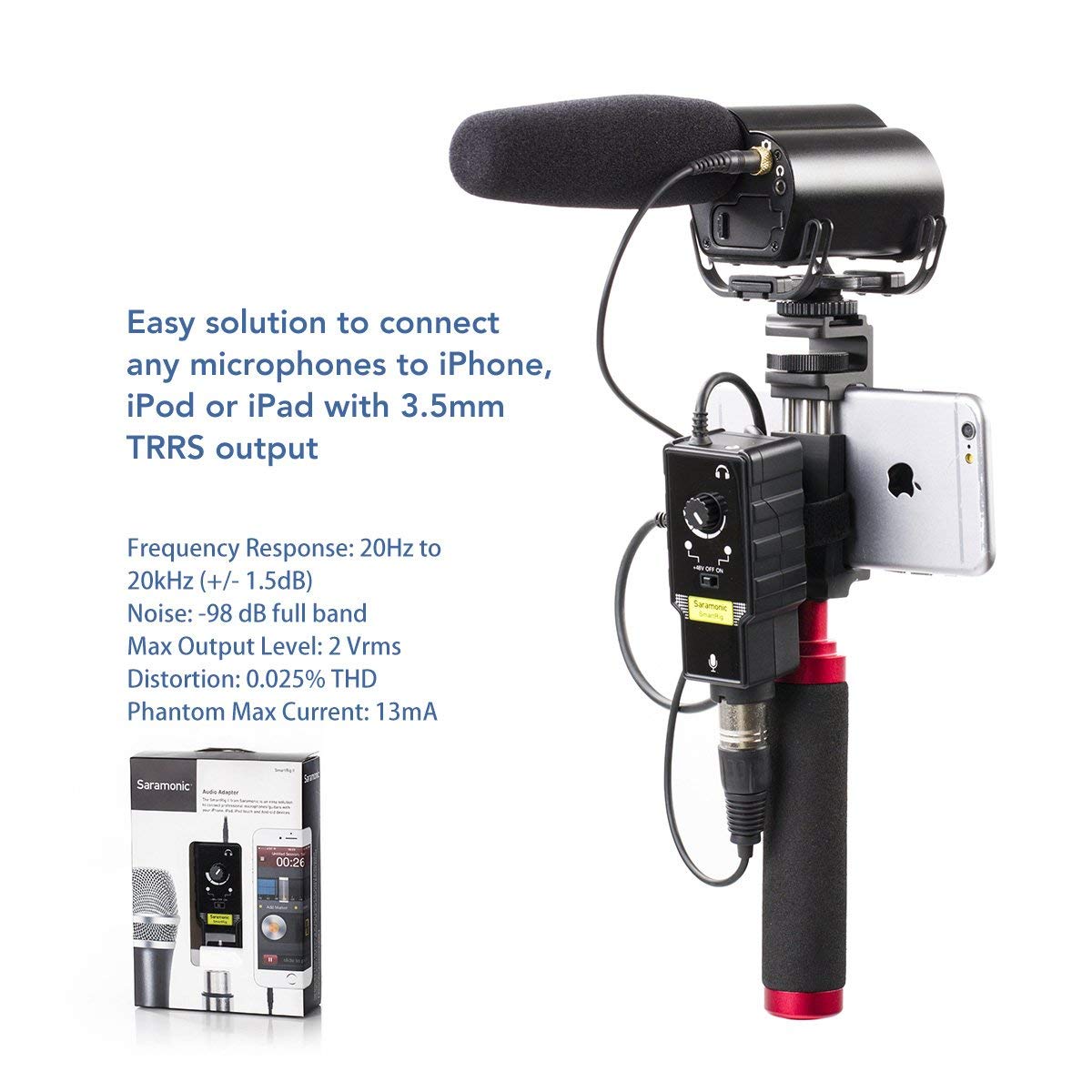 Saramonic SmartrigII XLR Microphone & 6.3mm Guitar Adapter with Phantom Power Preamp Amplifier Compatible with iPhone 12 11 x 8 iPad iPod, Android Smartphone and Guitar