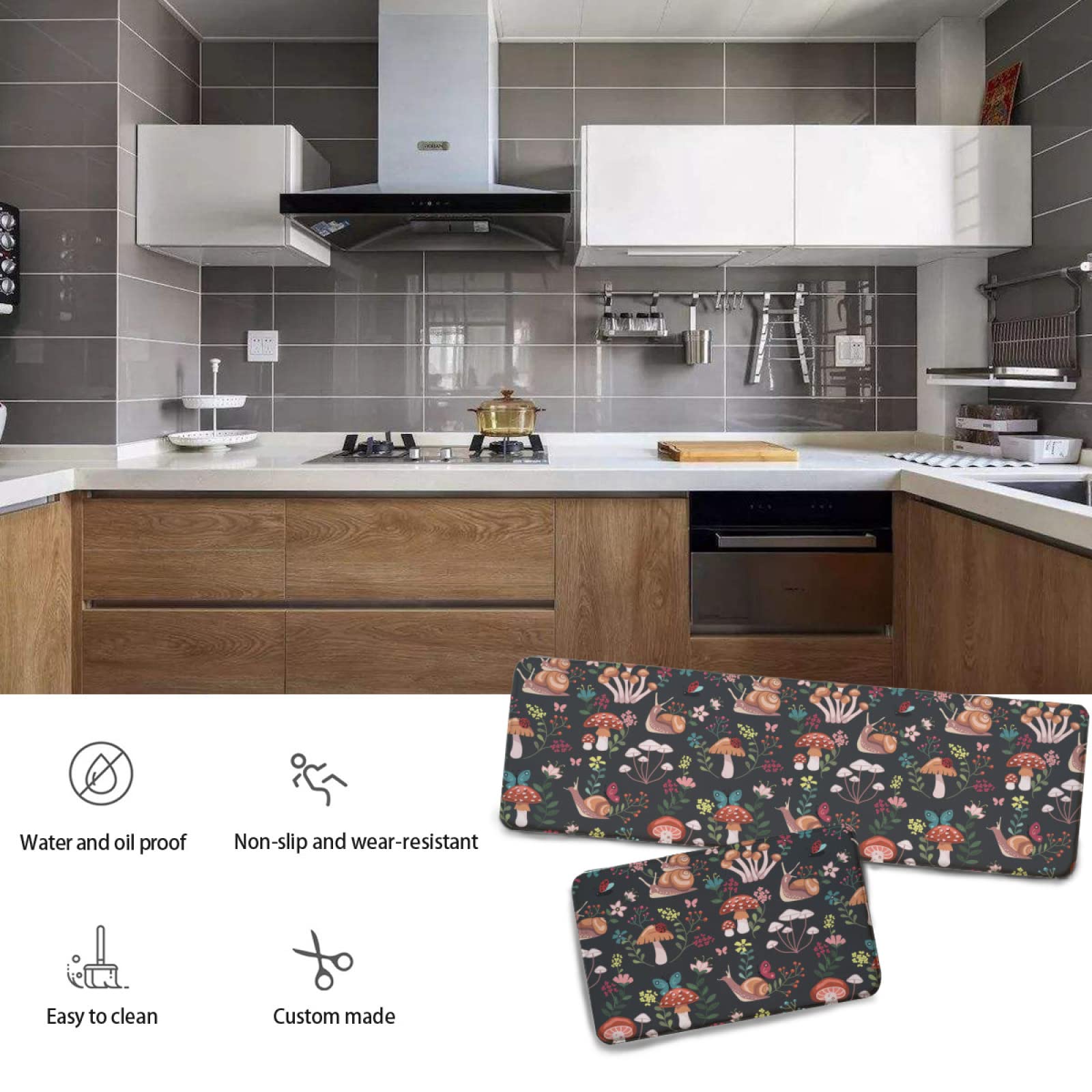 YouTary Mushroom Snails Butterfly Flower Pattern Kitchen Rug Set 2 PCS Floor Mats Washable Non-Slip Soft Flannel Runner Rug Doormat Carpet for Floor Home Bathroom, 17" x 47"+17" x 24"-M