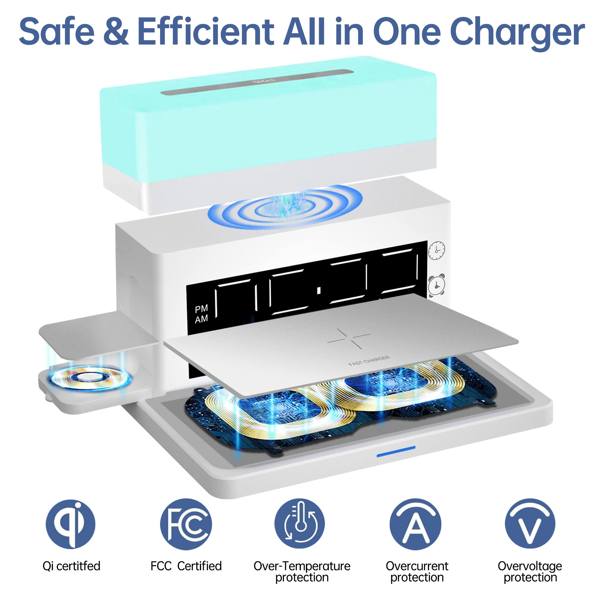 SMSASOEO Wireless Charger,6 in 1 Wireless Charging Station with Digital Alarm Clock & Night Light,15W Fast Charger Compatible with iPhone 14/13/12/11/XS Samsung Galaxy AirPods & Apple Watch