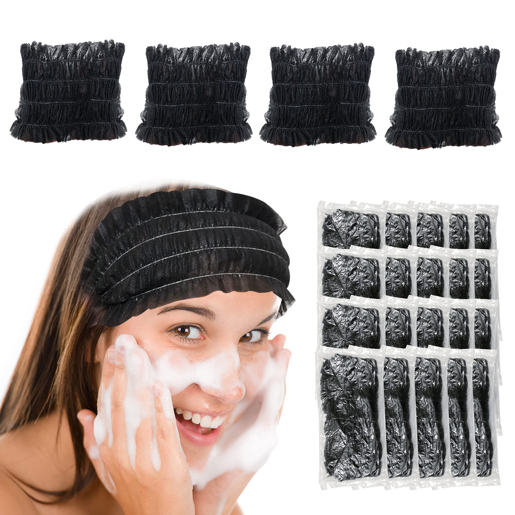 Zeronic LittleU 100 Pcs Disposable Spa Headbands for Facials, Soft Non-Woven Stretch Cloth Head Wraps for Professional Salon Makeup, Skin Care Makeup Supplies (Black)