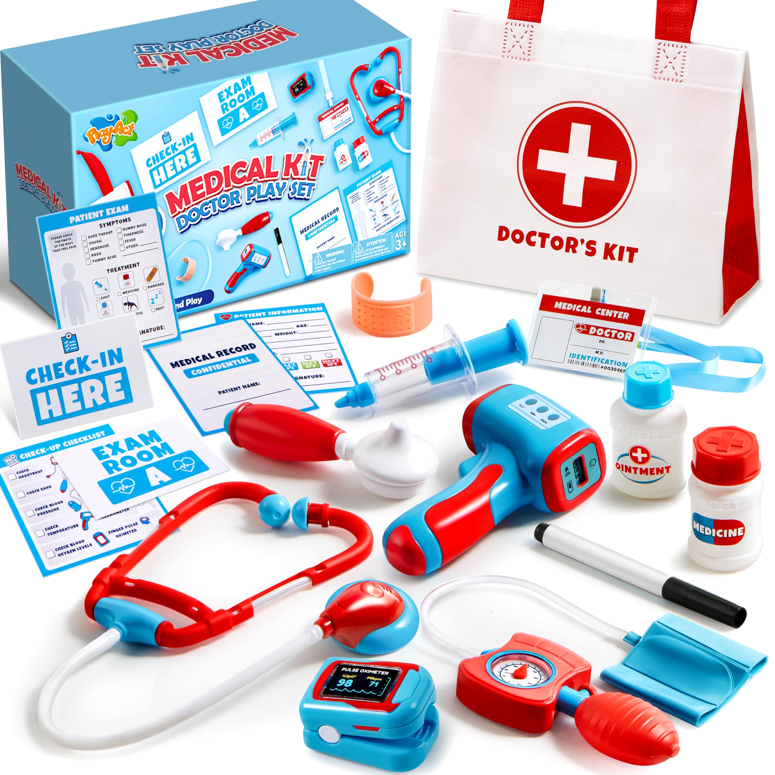 Play-Act Kids Doctor Kit,16-Piece Pretend Play Medical Kit with Bag,Doctor Role Play Set,Realistic Toy Stethoscope,Reusable Record Cards,Dress Up Doctor Playset for Toddlers Ages 3+