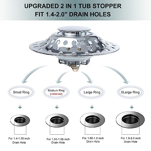 Universal 2 in 1 Bathtub Stopper & Drain Hair Catcher , Upgraded Pop Up Tub Stoppers with Dual Filtration Design ,Anti-Clogging Bathtub Drain Cover,Bath Tub Drains Plug for 1.4"-2.0" Drain Hole