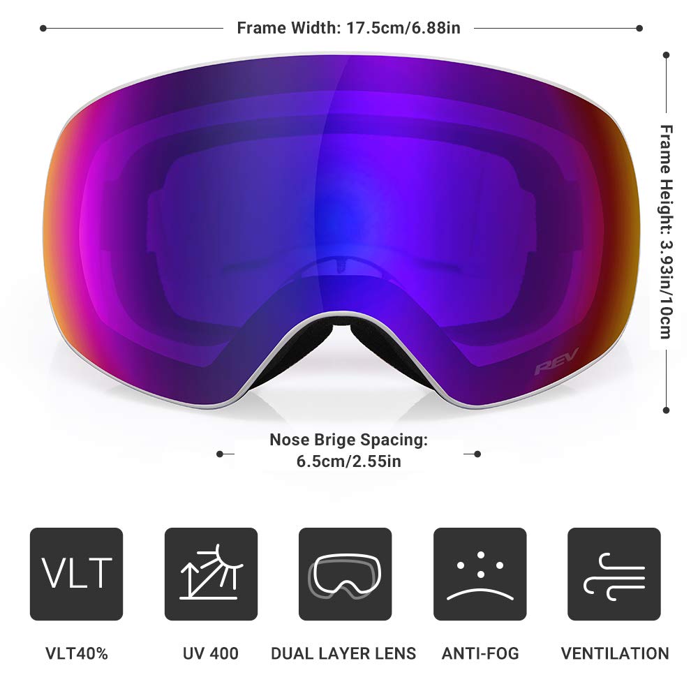 REV SPORTS Ski Goggles Ski Glasses Snowboard Goggles UV Protection OTG Interchangeable Snowboard Googles for Men Women