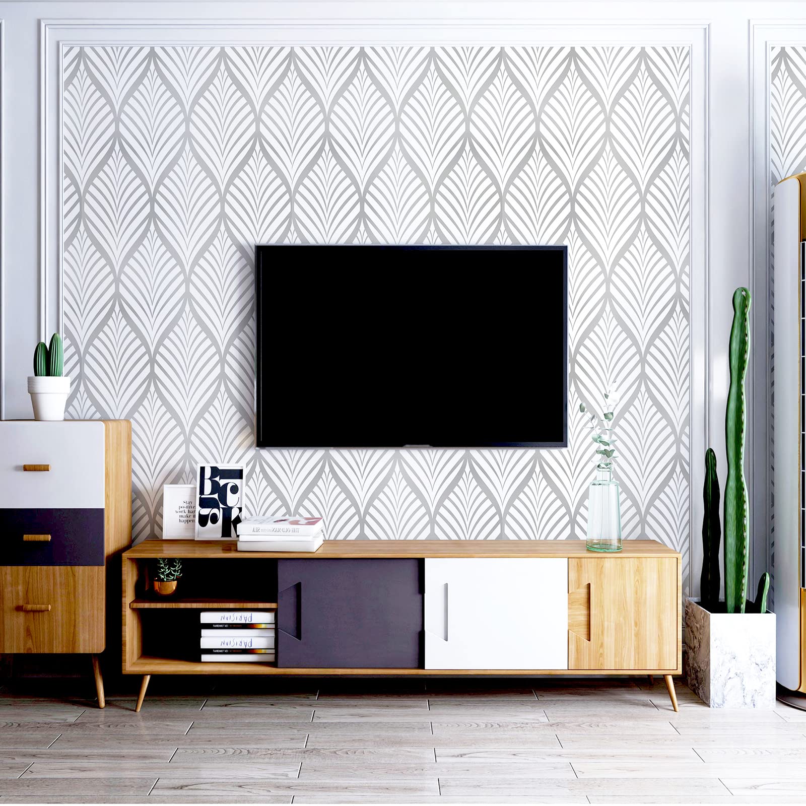 owlighting Peel and Stick Wallpaper, Silver Leaves Wallpaper, Modern Wallpaper, Vinyl Self Adhesive Wallpaper 17.7"x 118"