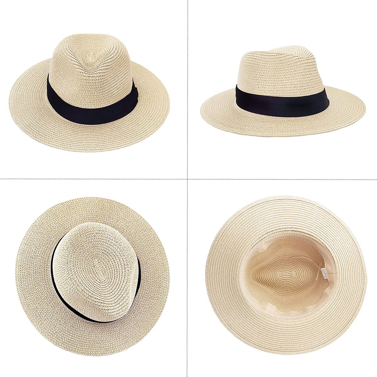 snailman Women Wide Brim Straw Panama Roll up Hat Fedora Beach Sun Hat UPF50+ (Beige)
