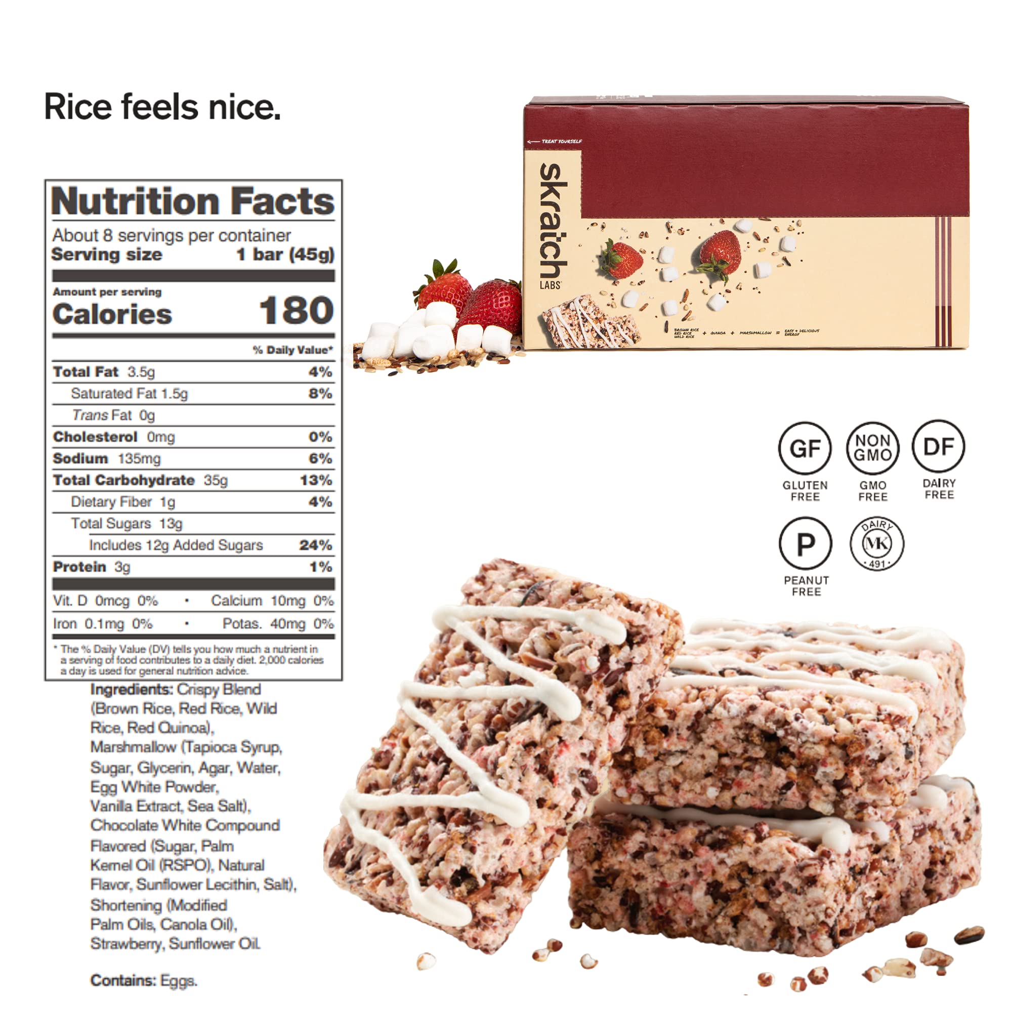 Skratch Labs Crispy Rice Cake | Strawberry | (8-Pack) Marshmallow Treat with Crunchy Rice Blend & Quinoa for Endurance Activities, Backpacking, and Hiking Snacks | Gluten Free, Dairy Free