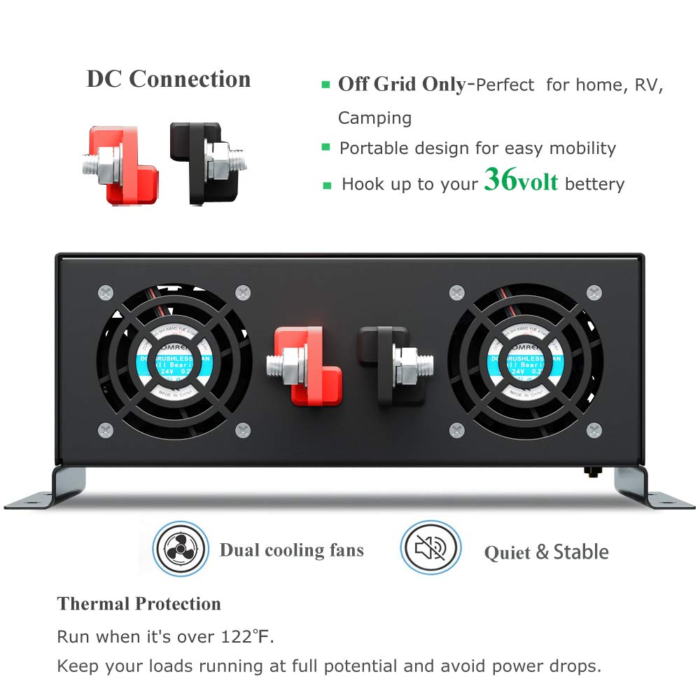 WZRELB 2000W 36V 120V Pure Sine Wave Power Inverter with 2 AC Outlets,Car Inverter (RBP-200036)