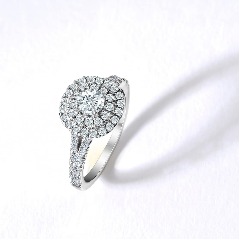 Pompeii3 10k White Gold 1 Ct T.W. Round-Cut Diamond Cushion Double Halo Engagement Ring Split Band High Women's Polished Band