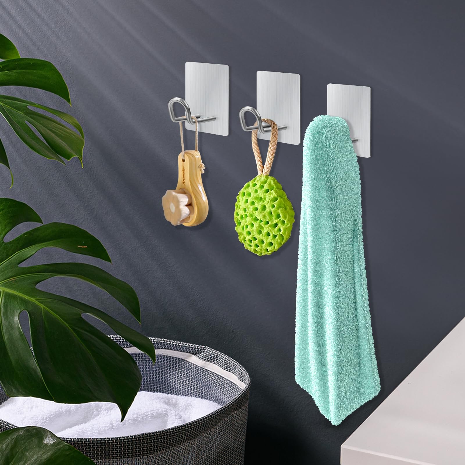Quavzotu Self Adhesive Wall Hooks, Large No Drill Sticky Hooks Heavy Duty, Long Stick on Shower Hooks for Hanging Coat Key Towel Hat Headphone (Silver)