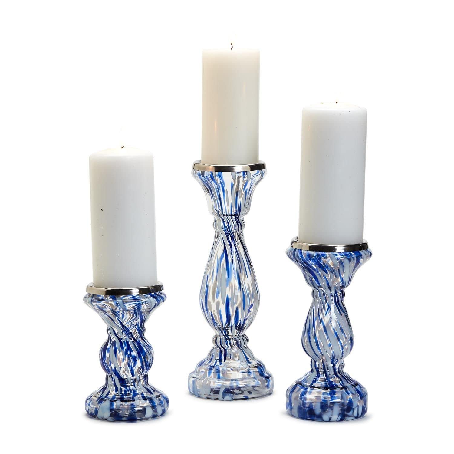 Two's Company Set of 3 White and Blue Swirled Pedestal Pillar Candleholders