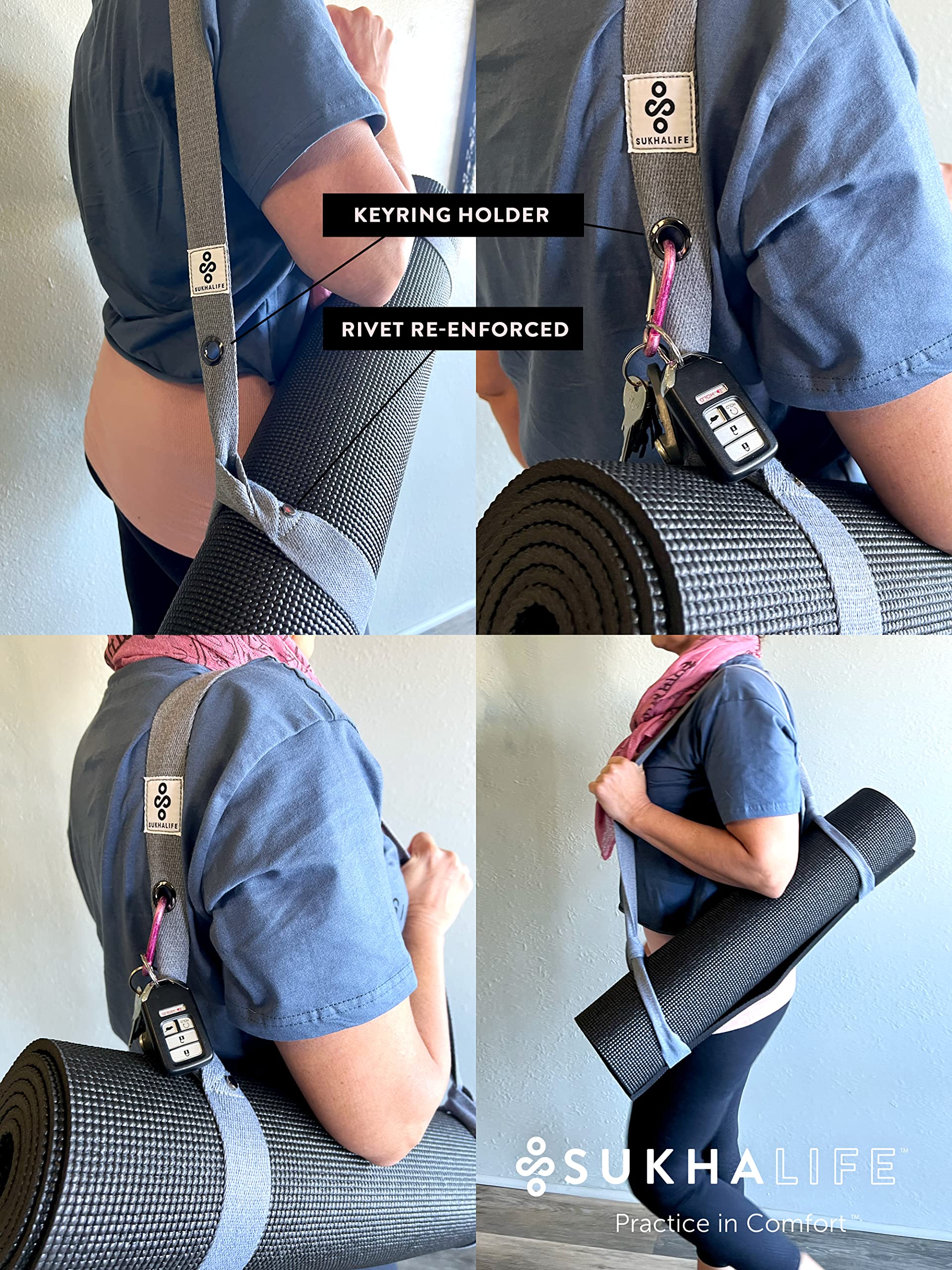 SukhaMat - Yoga Mat Carry Strap, Extra-Durable & Comfortable | Multi-Purpose Strap for Your Yoga Mat (Grey)