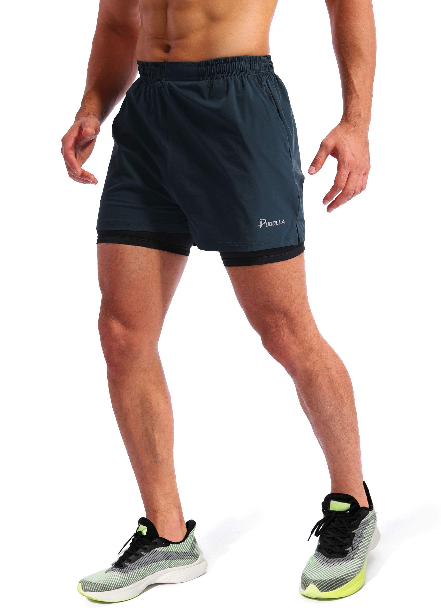 Pudolla Men’s 2 in 1 Running Shorts 5" Quick Dry Gym Athletic Workout Shorts for Men with Phone Pockets(Navy Blue Small)