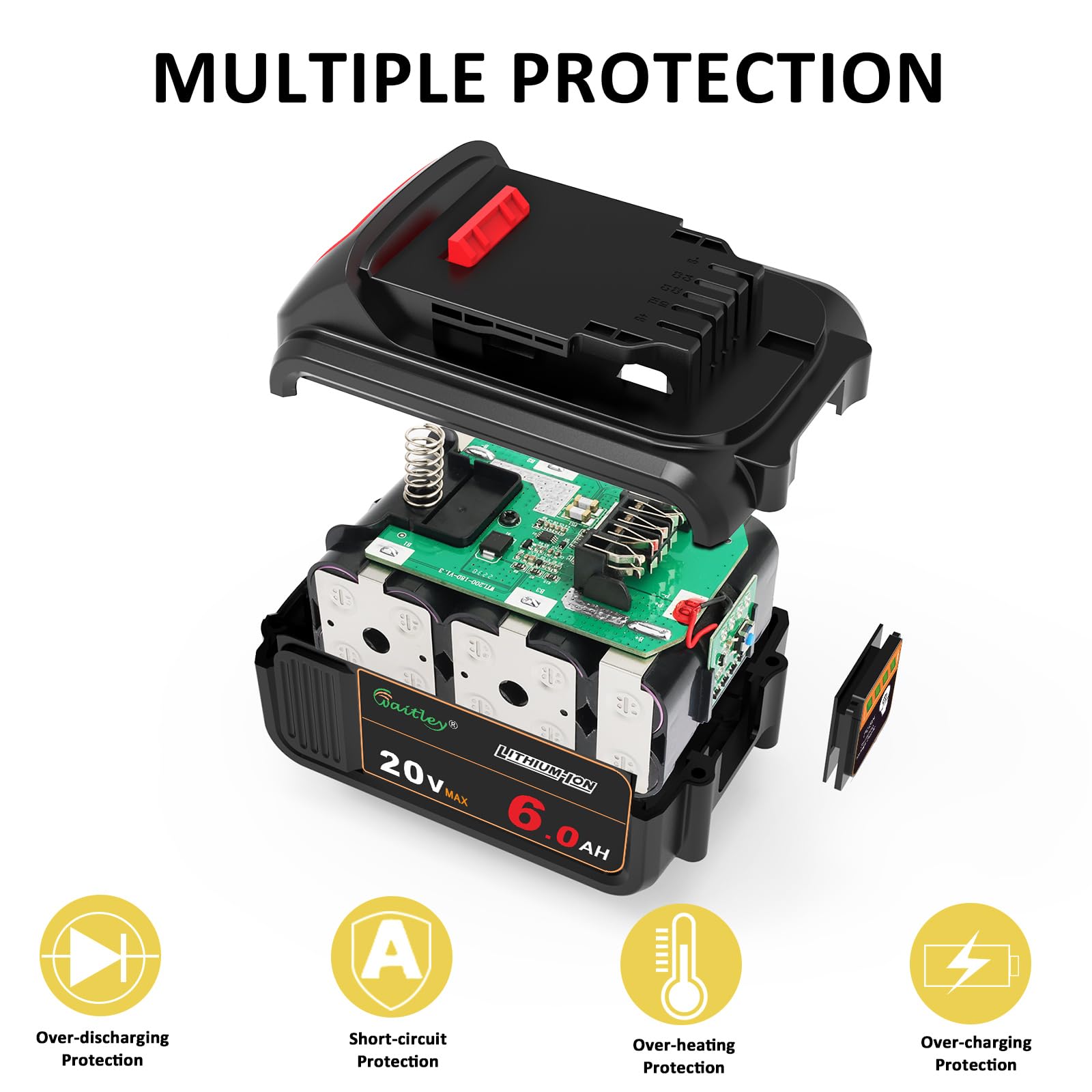 waitley 2 Pack 20V 6.0A Replacement Battery Compatible with Dewalt DCB200 DCD DCF DCG Series Cordless Power Tools