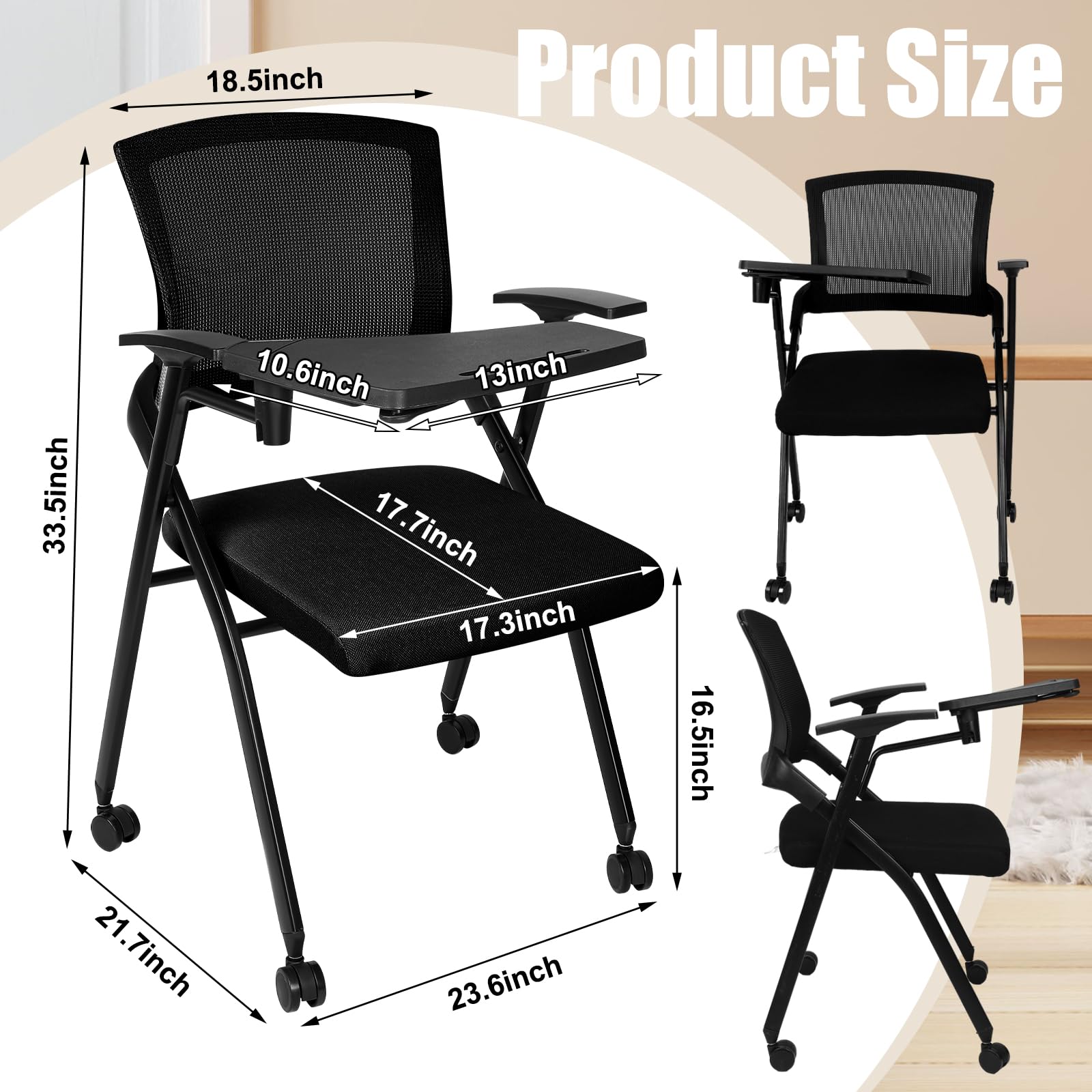 Sintuff Tablet Arm Folding Chair with Caster Wheels Chair with Desk Attached Collapsible Conference Room Chair Mesh Back Foldable for Guest Office School Classroom Training Waiting Room (Black, 2 Pcs)