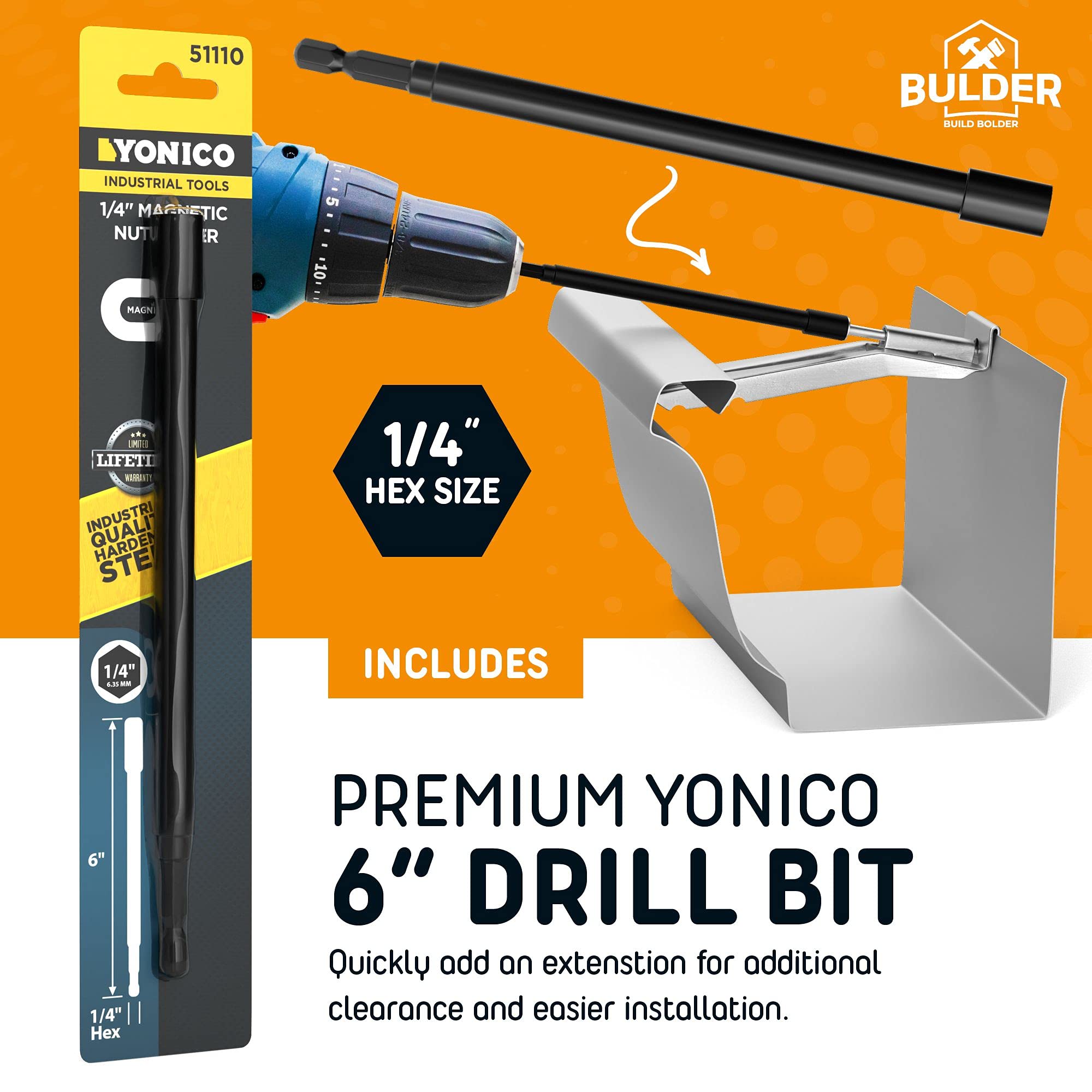 Quick Screw 6 Inch Gutter Hangers - 50 Pack - Gutter Brackets 6 Inch with Bonus 6 Inch Drill Bit - Hidden Bracket Clips with Pre-Assembled Screw - Fix Sagging Rain Gutters