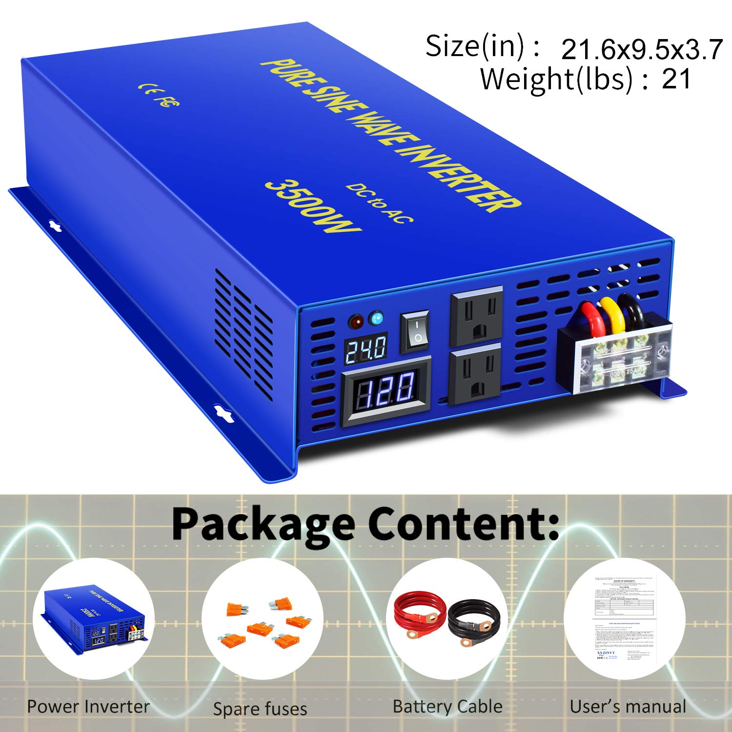 XYZ INVT 3500W Pure Sine Wave Inverter 24V DC to 110V 120V AC Surge 7000 Watt Power Inverter 100ft Wireless Remote Control for Solar System, Off Grid, RV.(3500W/24V)