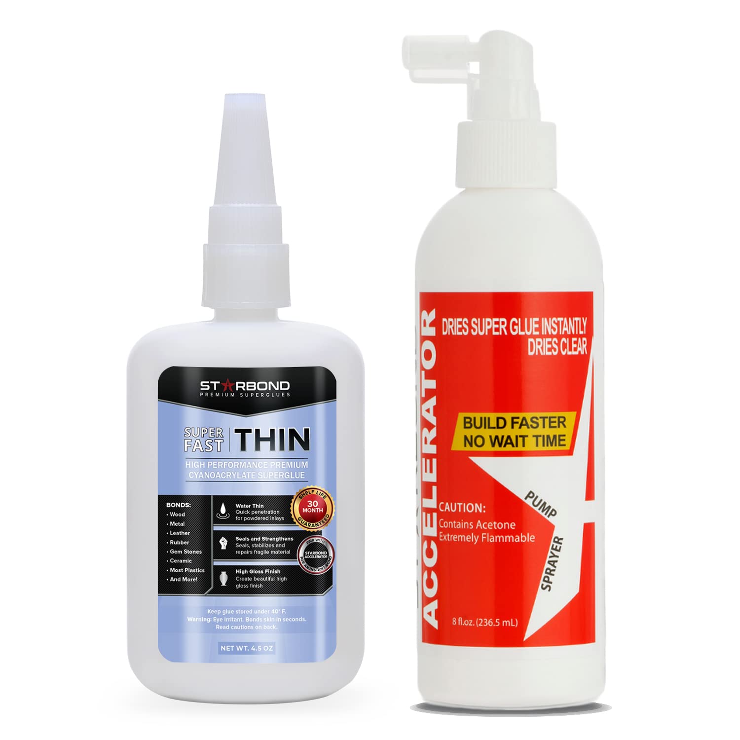 Starbond 4.5 oz Super Fast Thin CA Glue and 8 oz Pump Accelerator Bundle - Water-Thin CA Glue with Activator Bundle for Woodturning, Pen Turning, Hobby, Stabilizing, Finish, Inlay
