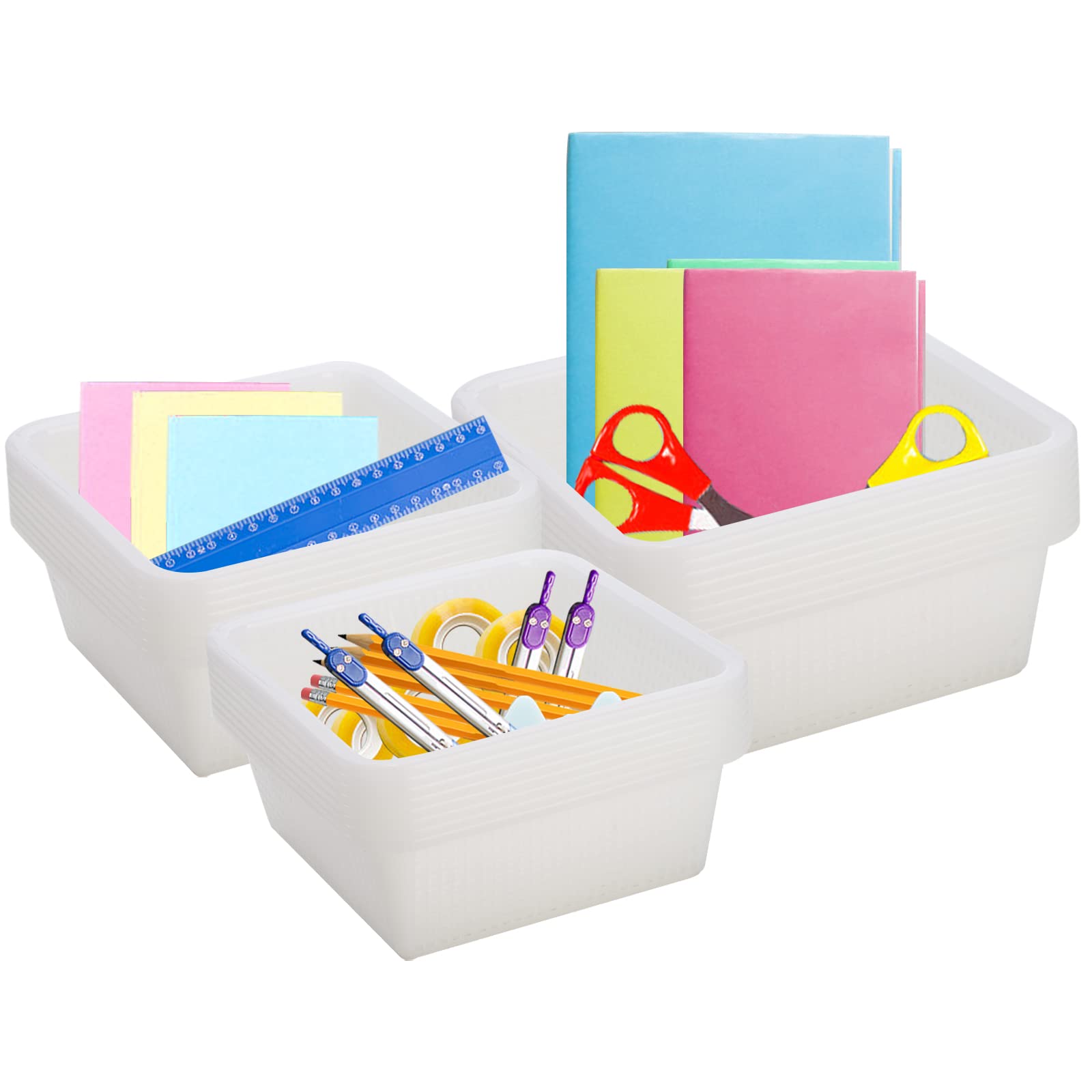 ZENFUN 24 Pieces Plastic White Storage Baskets, 3 Sizes Stackable Storage Bins Container Stationery, Small Tools, Cleaning Products, Space Saving