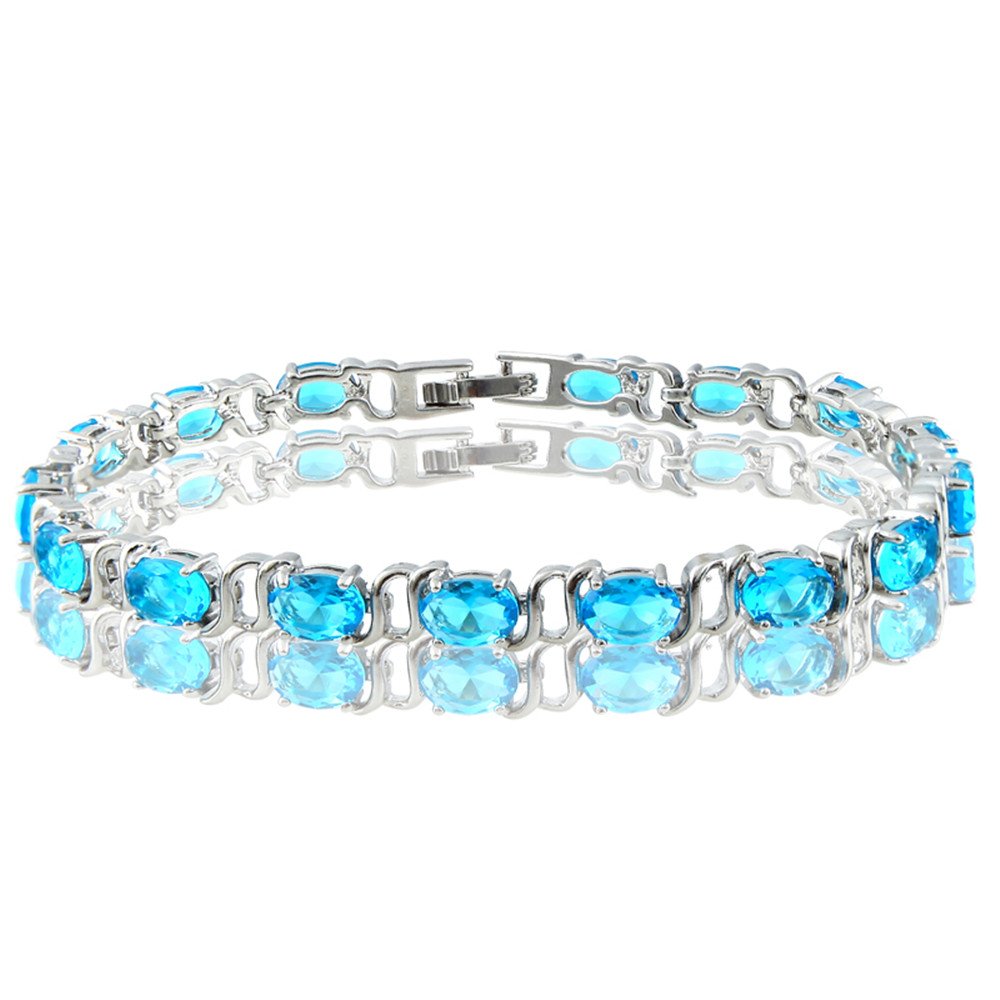 RIZILIA Tennis Bracelet & Oval Cut CZ [Simulated Aquamarine] in White Gold Plated, 7"