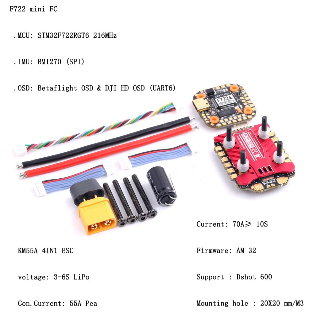 SKYSTARS F722 MINI Flight Controller 55A 4IN1 ESC 20×20mm Stack 3-6S Baro Built-in OSD LED for DJI HD VTX RC FPV Racing Drone Quadcopter