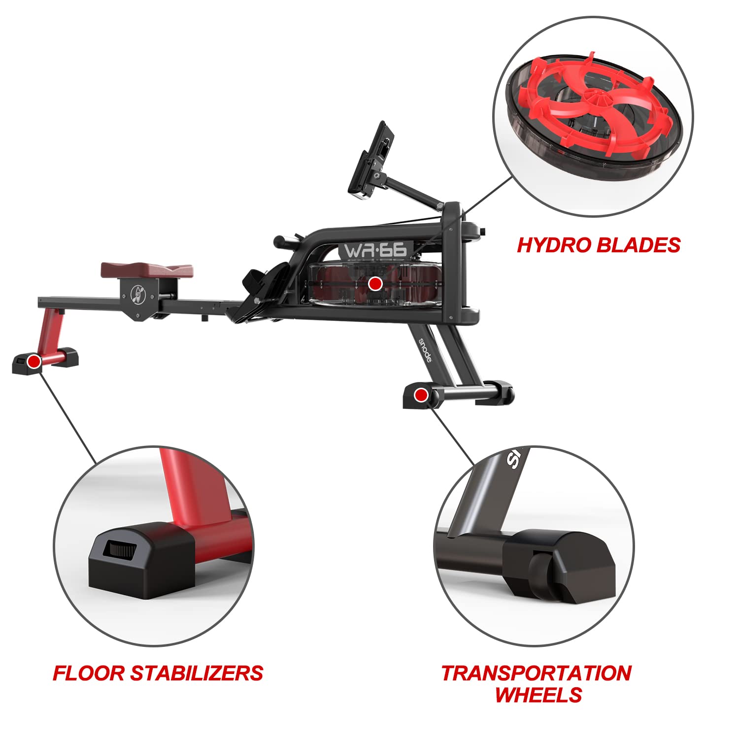 SNODE Water Rowing Machine with Bluetooth APP, Rower for Home Use, Heavy Duty Frame with 300Lbs Weight Capacity, Support Paddling and Dragon Boat Rowing