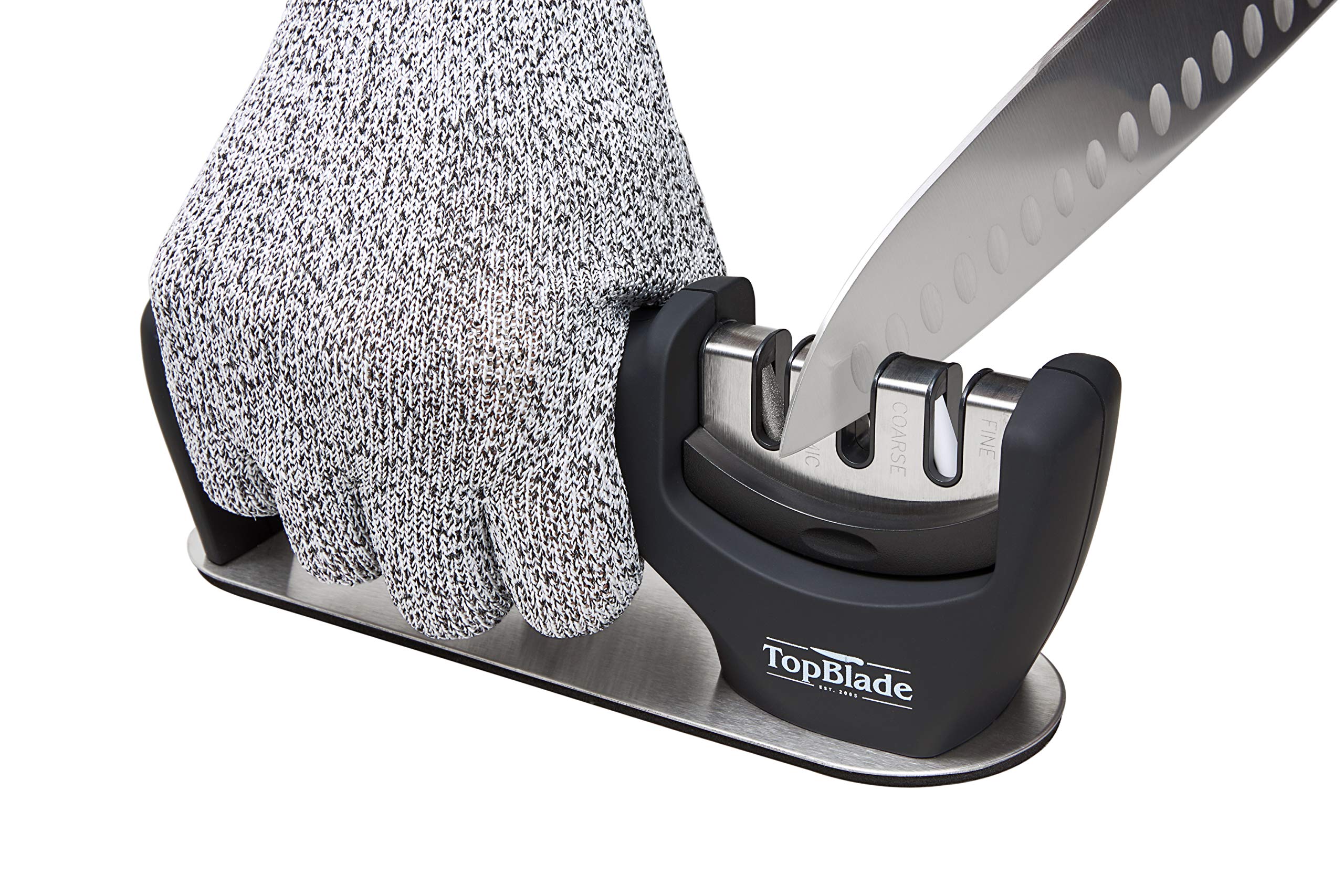 TopBlade 2021 β Upgraded 3-stage Kitchen Knife Sharpener to Restore, Sharpen and Polish Steel & Ceramic Blades β Improved Safety & Stability - Cut Resistant Glove Included