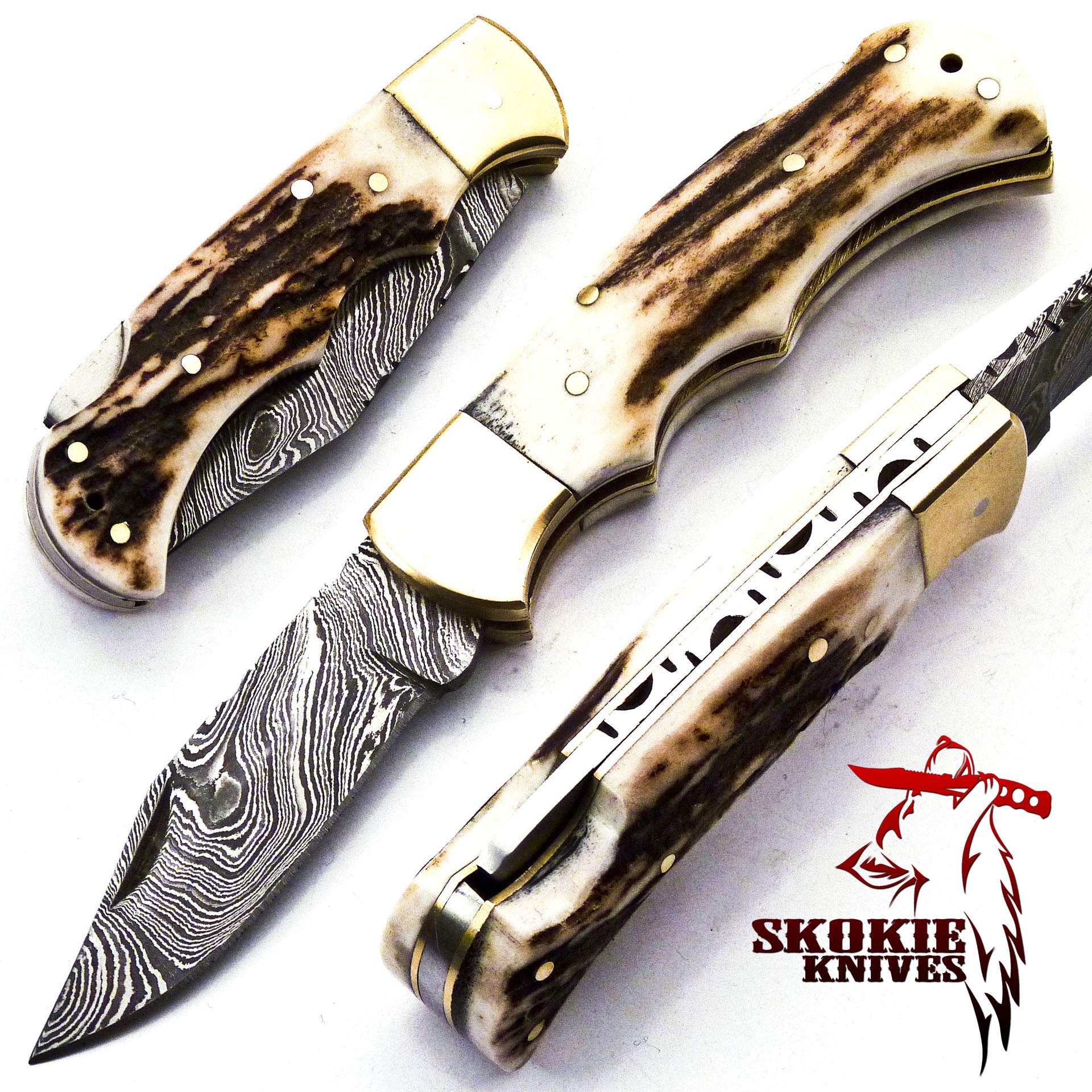 Skokie Knives Custom Hand Made Damascus Steel Hunting Pocket Folding Knife With Handle Stag Antler (S.F)