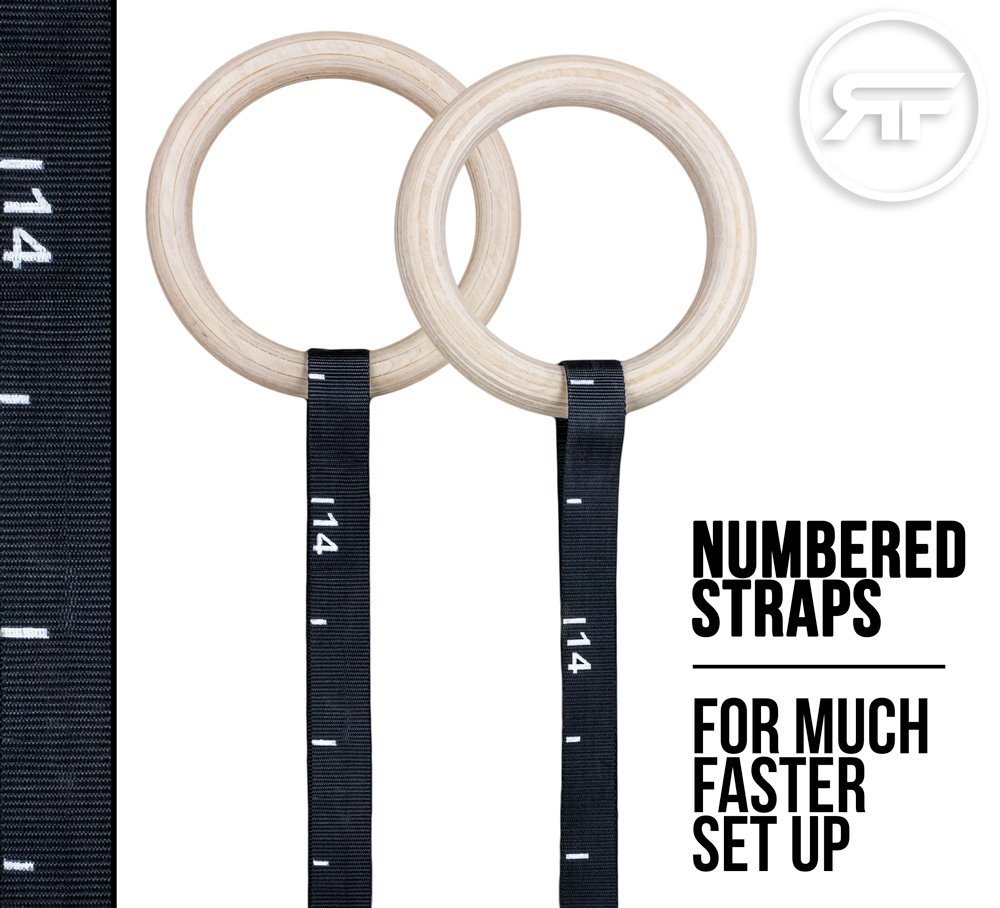 Rep Wood 14' Gymnastic Rings with Short Numbered Straps - Perfect for Cross-Training Workouts, Gymnastics and Conditioning - 1.11 inch FIG Specs