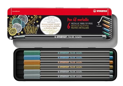 STABILO Metallic Premium Felt Tip Pen Pen 68 Metallic - Tin of 6 - Assorted Colours