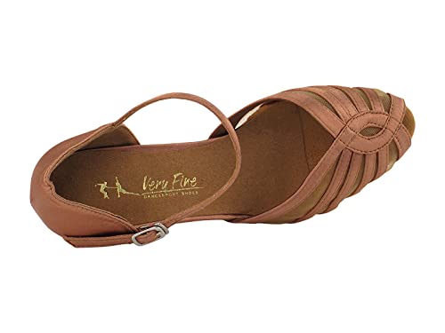 Very Fine Dancesport Shoes - Ladies' Salsa, Latin, Practice Ballroom Dance Shoes 2719FT 1-inch Flat Heel (Tan Satin & Flesh Mesh, Size 8.5)