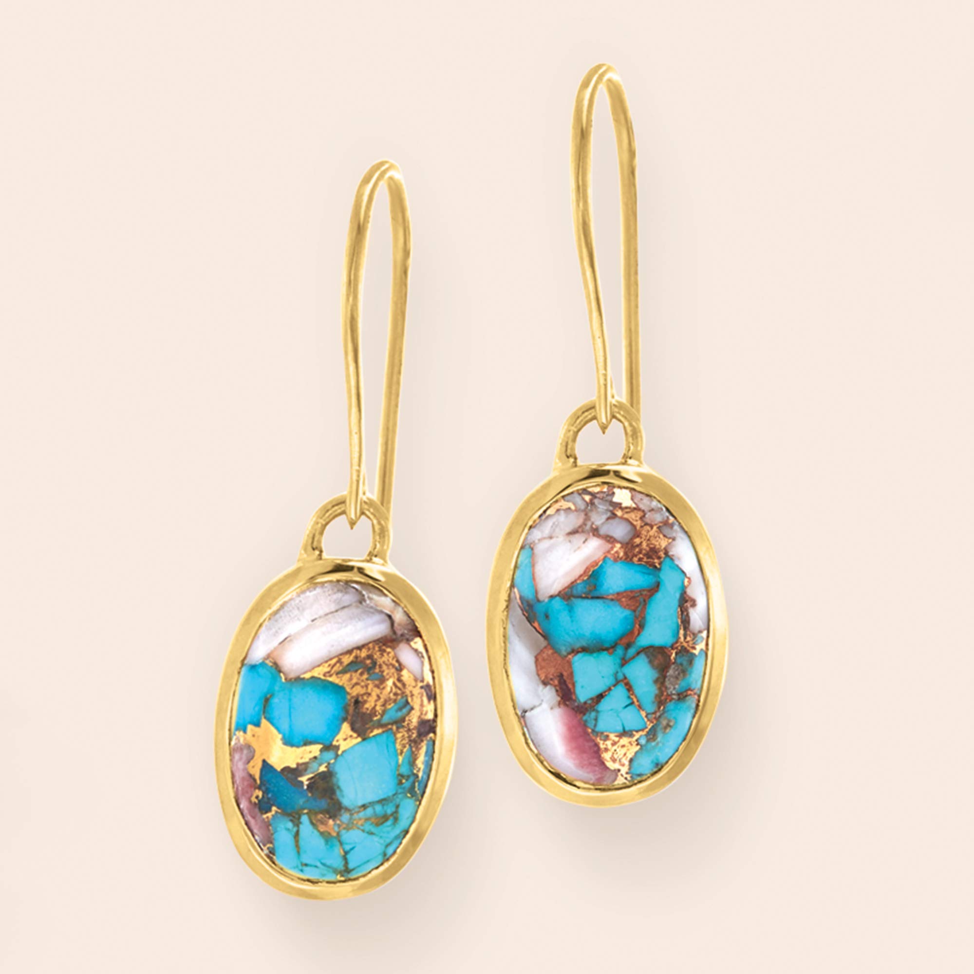 Ross-Simons Oval Kingman Turquoise Drop Earrings in 18kt Gold Over Sterling