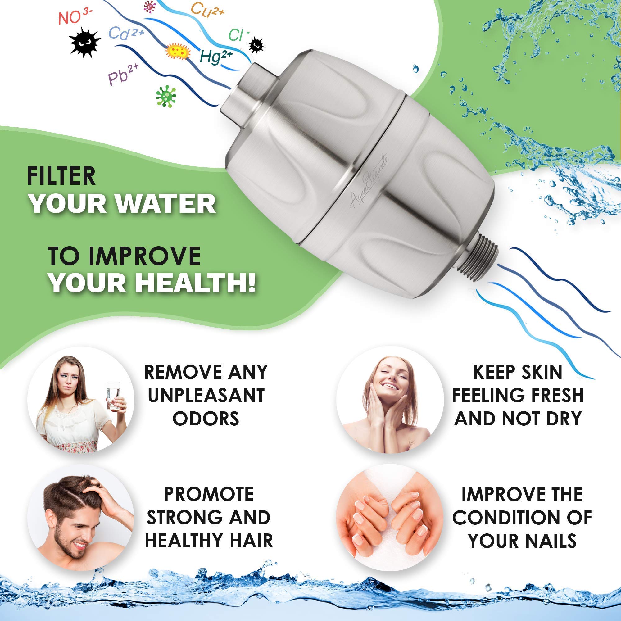Shower Water Filter + Extra Cartridge - Universal Home Showerhead Filters With Activated Charcoal To Remove Chlorine And Hard Minerals + 1 Extra Replacement Cartridge - Brushed Nickel