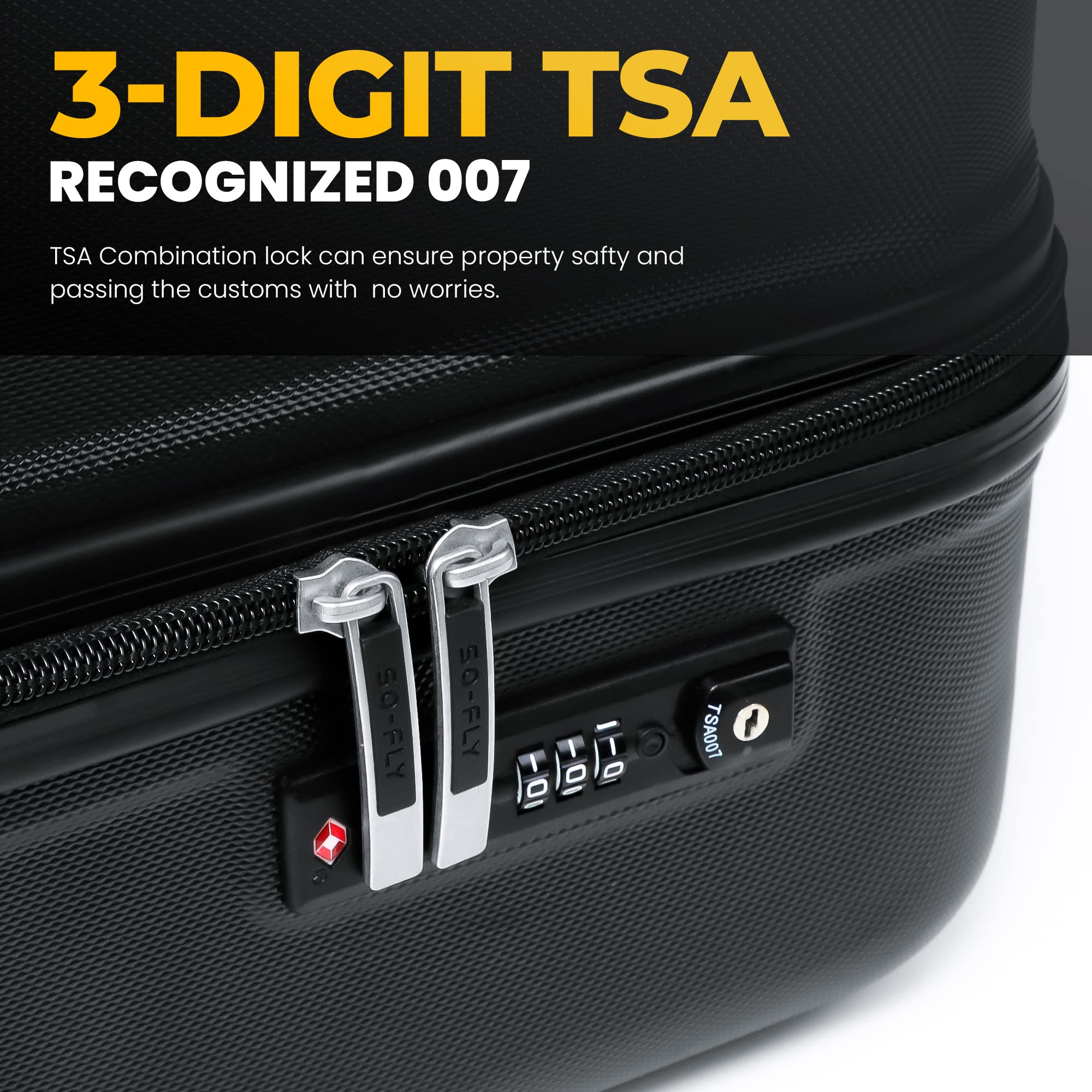 SO-FLY 3 Piece Luggage Sets Long Lasting ABS Durable Lightweight Hardshell Spinner Wheels 3pcs Hardside Suitcases with TSA Locks & 3-Year Warranty (Sapphire Black)