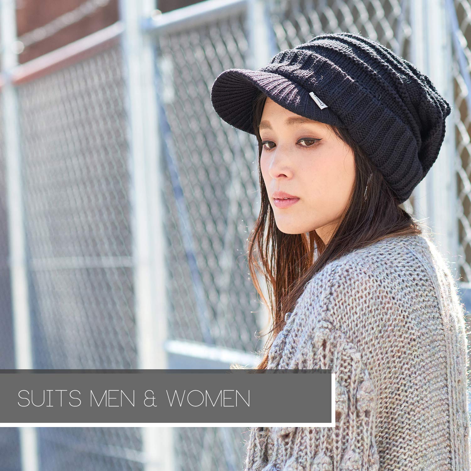 Slouchy Beanie Brim Hat - Mens Slouch Cap Womens Warm Slouchy Brim Cable Knit with Brimmed Visor Black