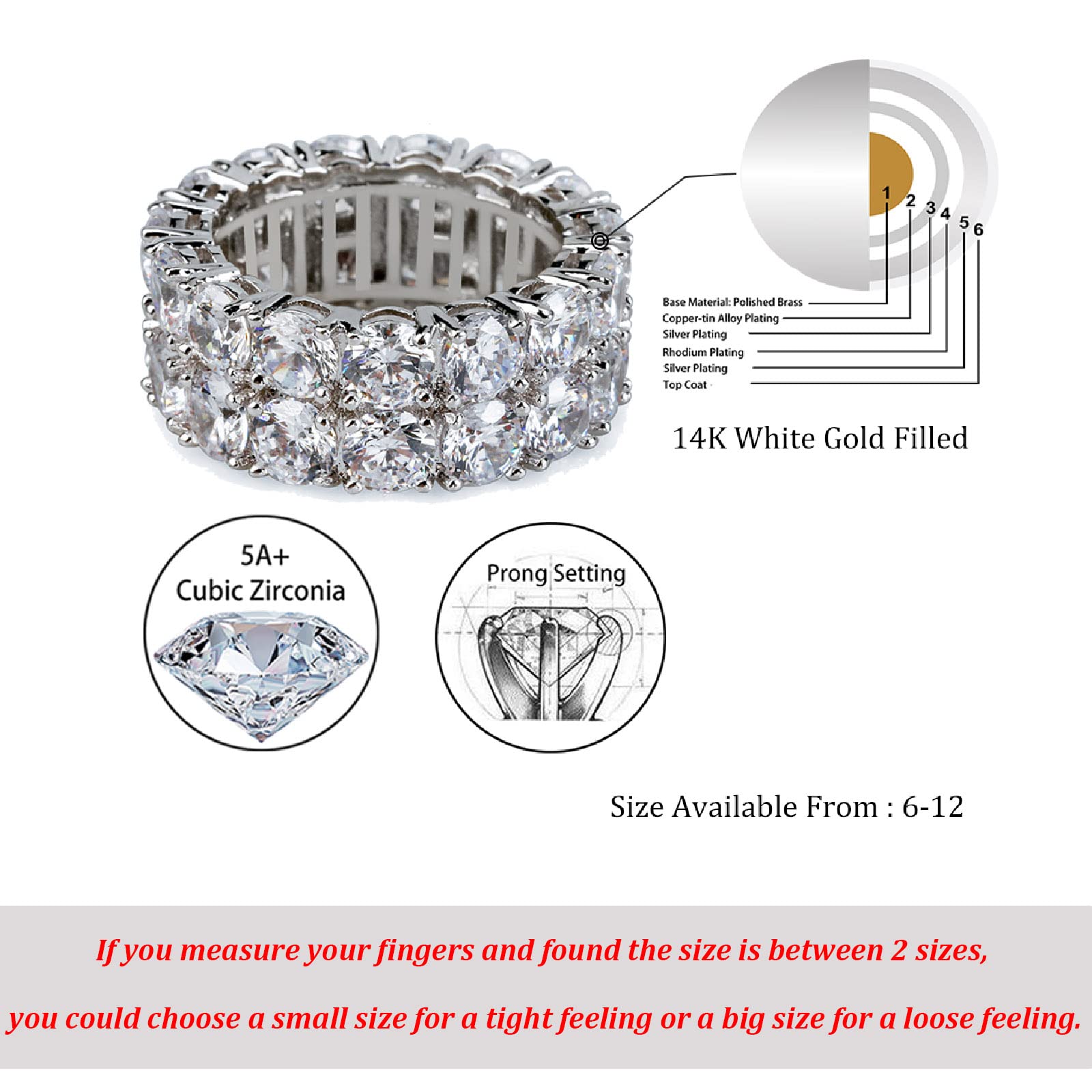 TOPGRILLZ Engagement Ring Men Gold Ring Cubic Zirconia Silver Ring Diamond Rings for Women 9mm Iced out 14K Gold Plated 2 Rows Round Cut Eternity Chunky Ring(Silver,9.5