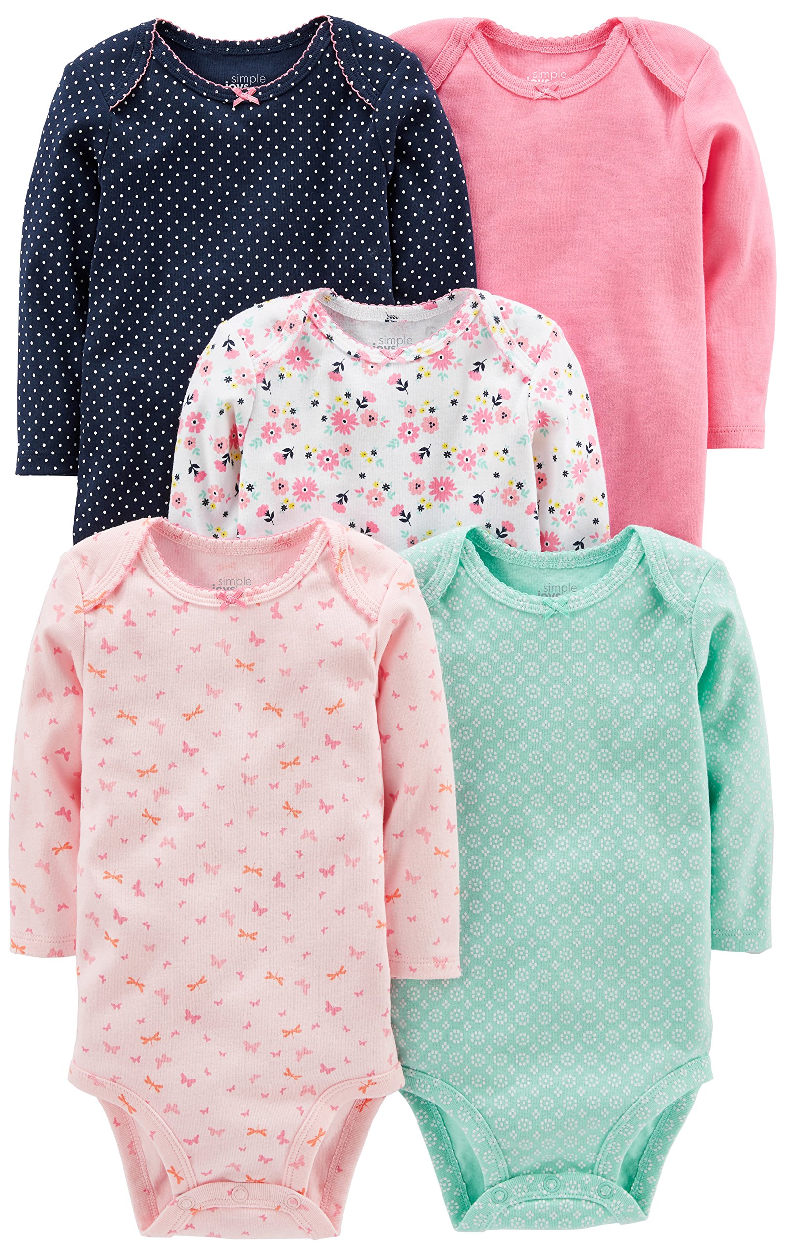 Simple Joys by Carter's Baby Girls' 5-Pack Long-Sleeve Bodysuit, Mint Green/Navy Dots/Pink/Butterflies/Floral, 18 Months